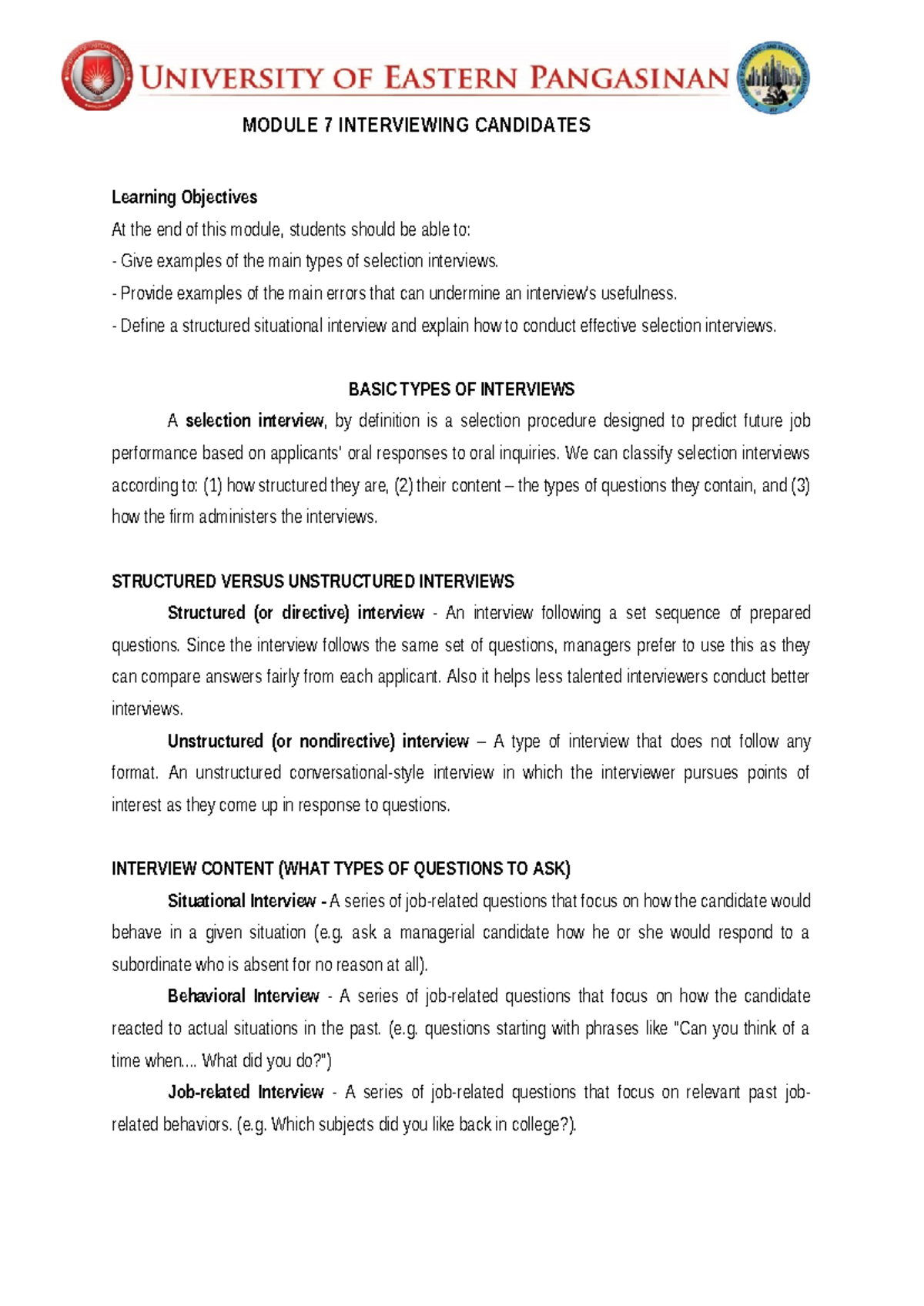Module 7 Interviewing Candidates - MODULE 7 INTERVIEWING CANDIDATES ...