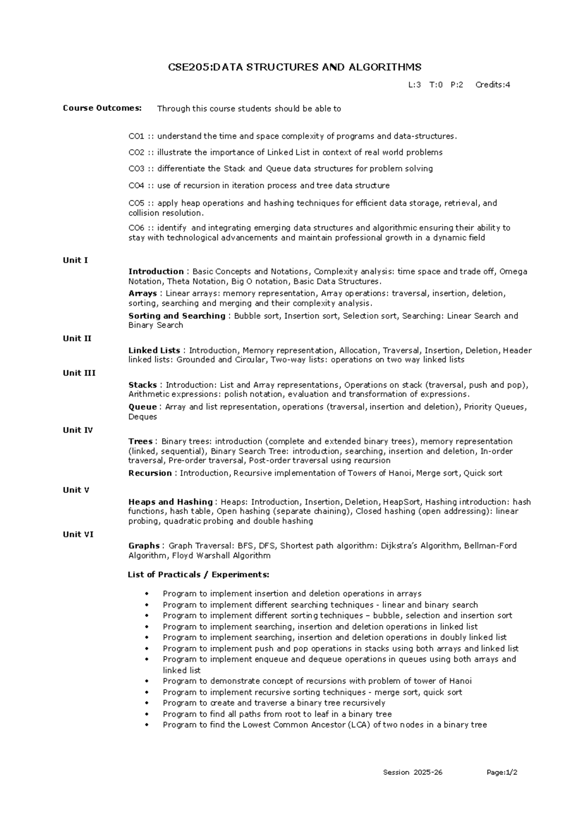 CSE205: Data Structures and Algorithms Syllabus Overview - Studocu