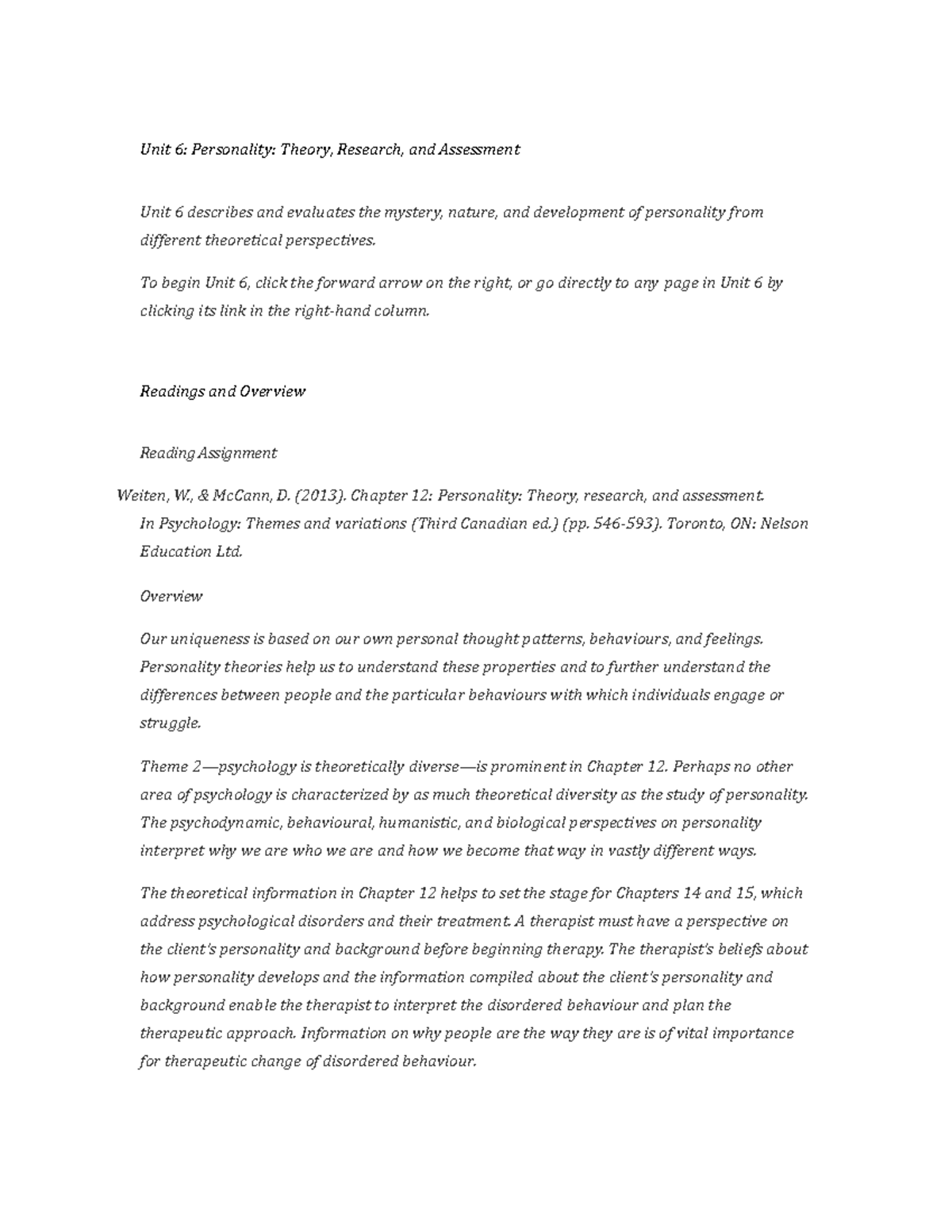 Psych Unit 6 - Lecture notes 6 - Unit 6: Personality: Theory, Research ...