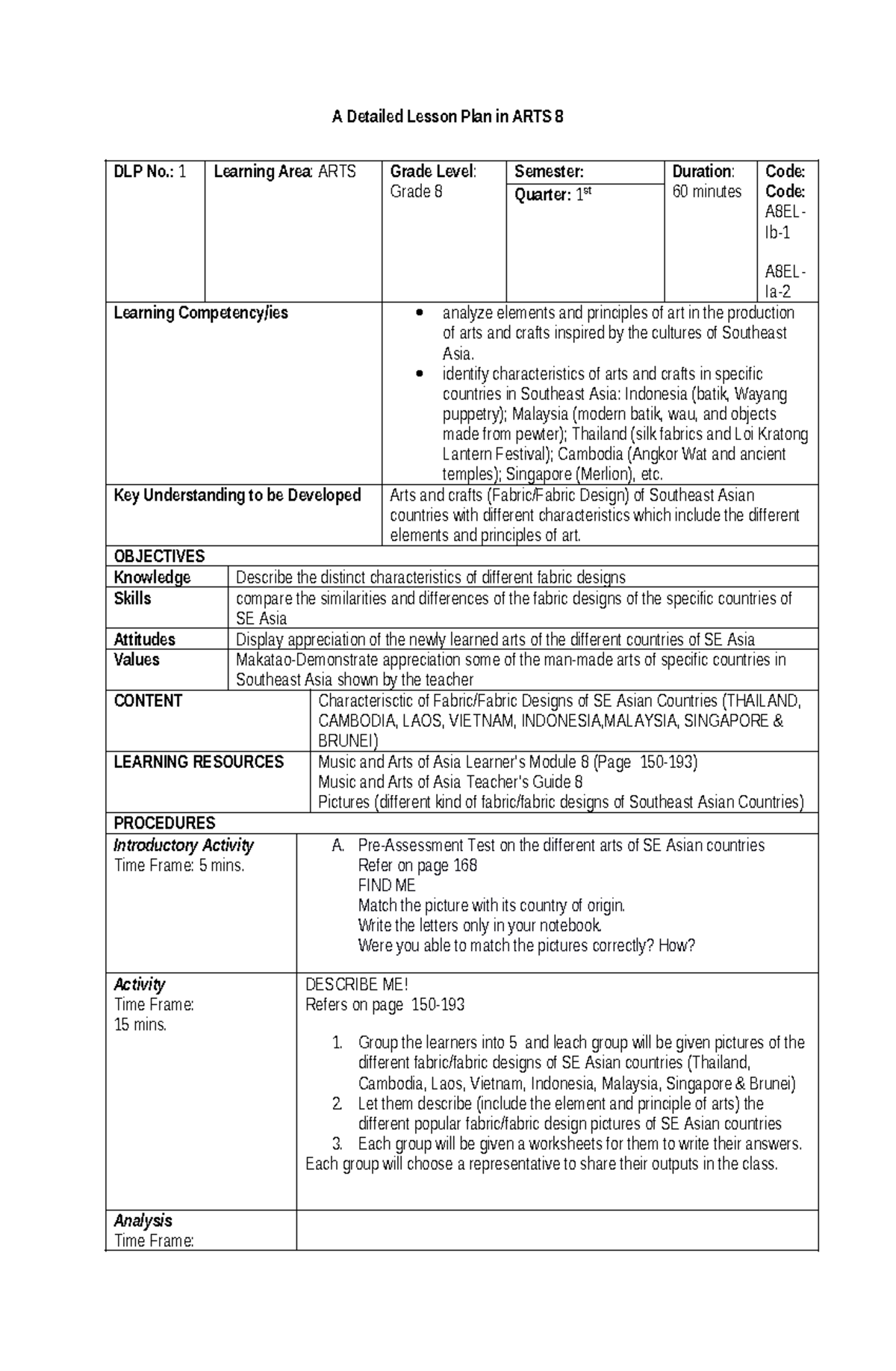 Comprehensive Lesson Plan on Southeast Asian Arts & Crafts - ARTS 8 ...