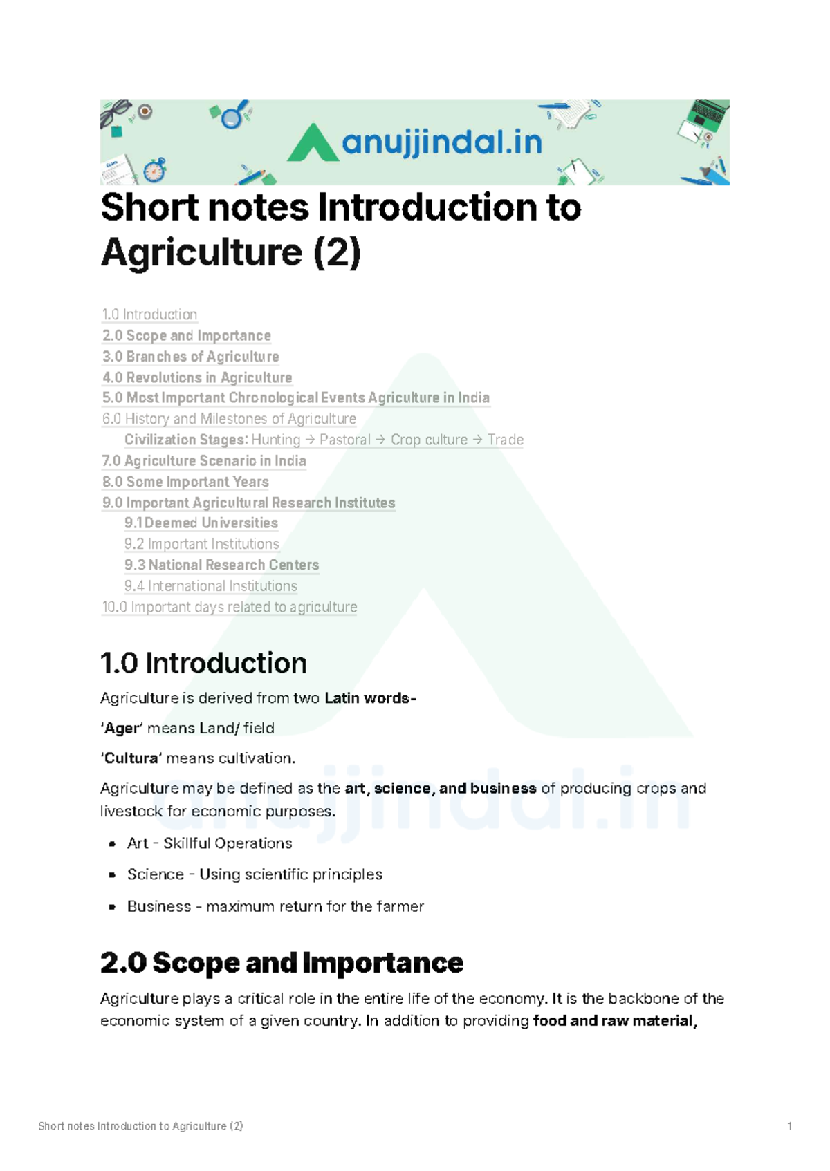 Short Notes on Introduction to Agriculture (AGRI 101) - Studocu
