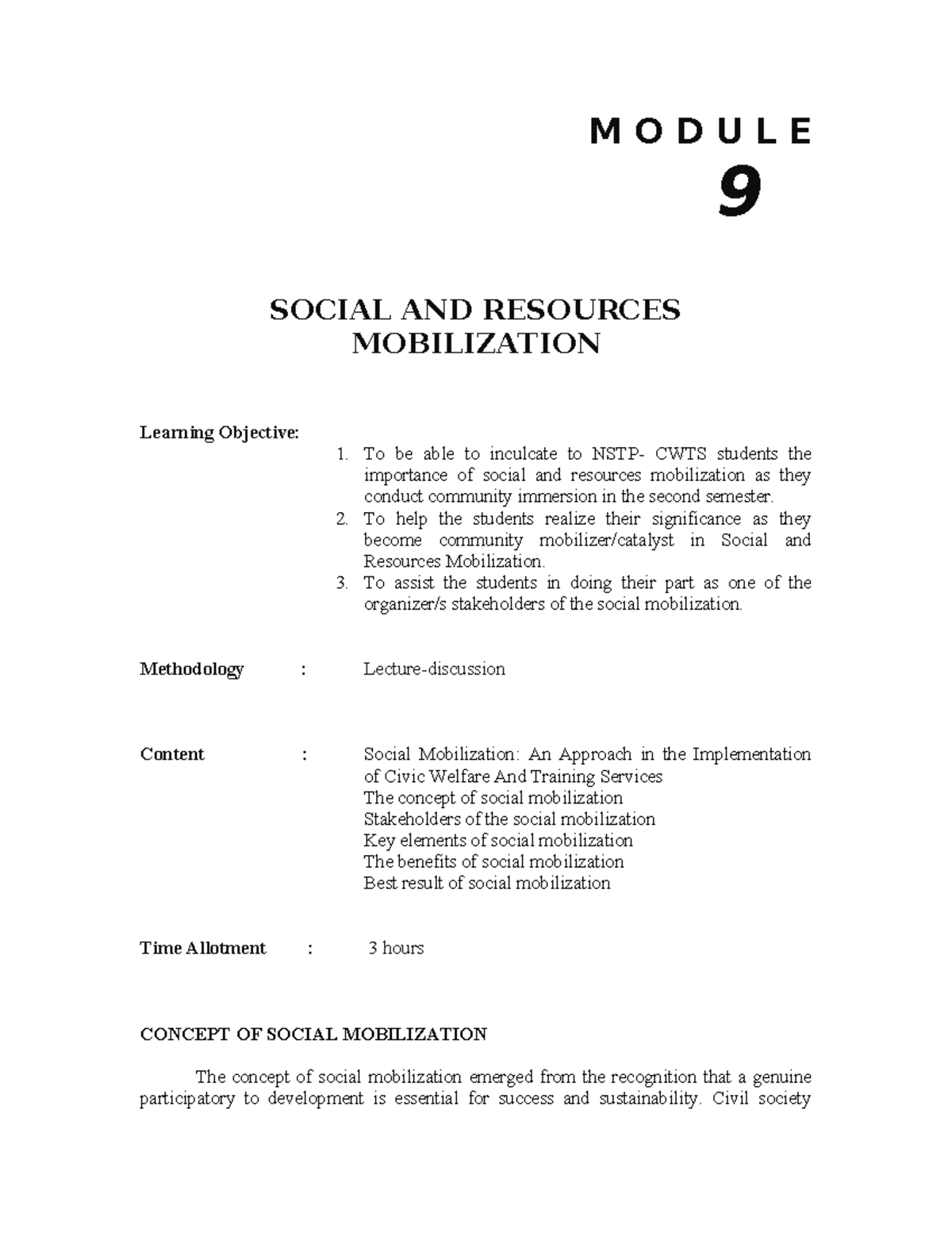 Module 9: Social and Resources Mobilization (SRM) for CWTS Students ...