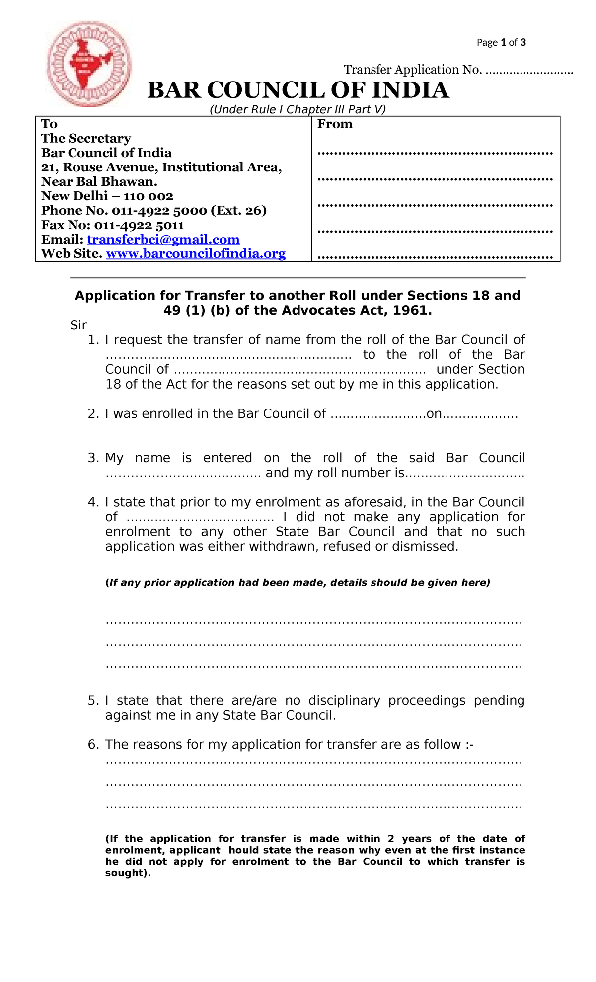 Bar Council of India Transfer Application Form v02 - Studocu