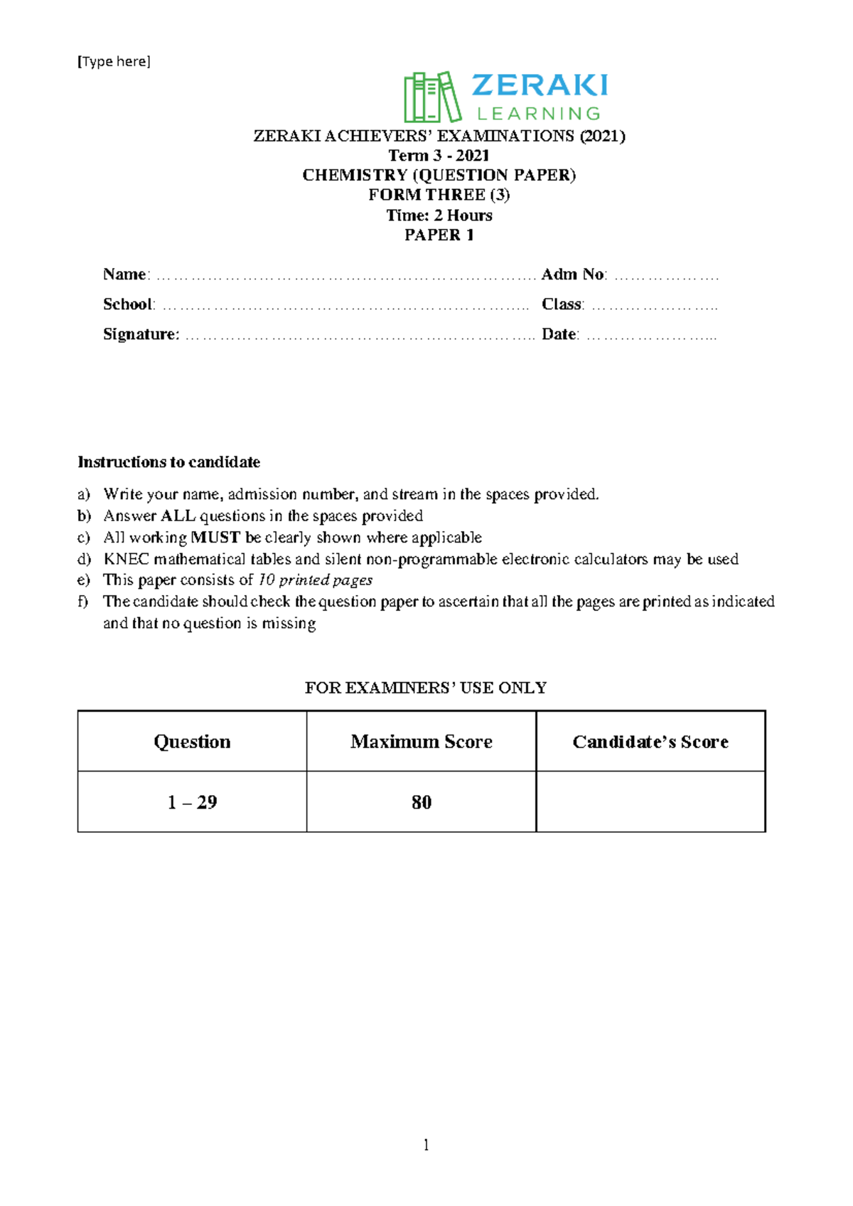 Chemistry Form 3 Paper 1 Exam Questions - Zeraki Achievers 3.0 - Studocu
