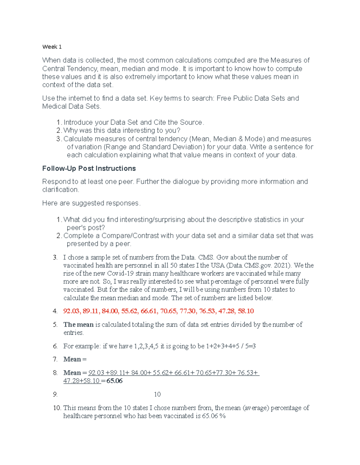 Week 1 Discussion: Descriptive Statistics & Data Analysis (STAT101 ...