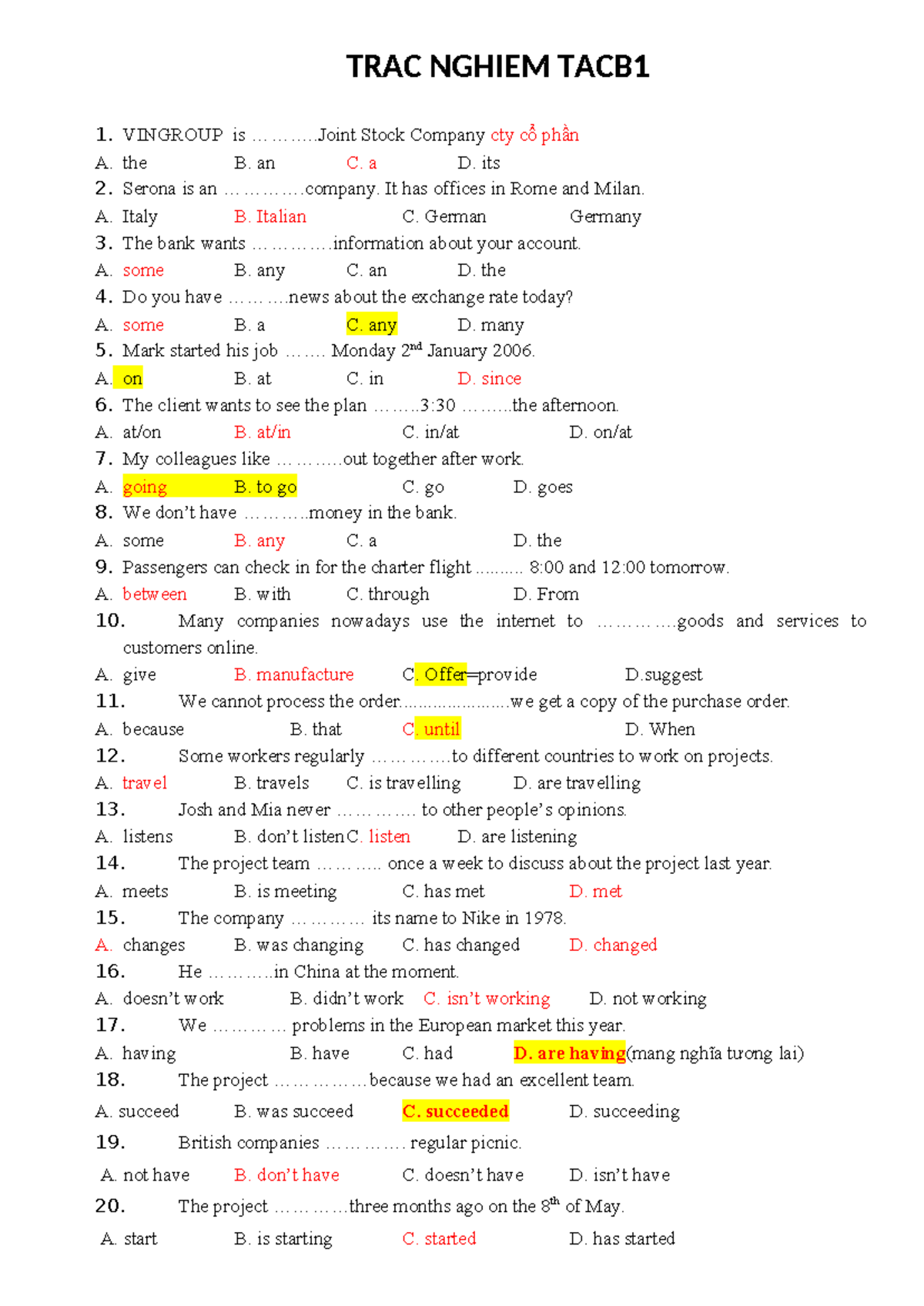 TRAC NGHIEM TACB1: VINGROUP Stock Company Quiz Questions - Studocu