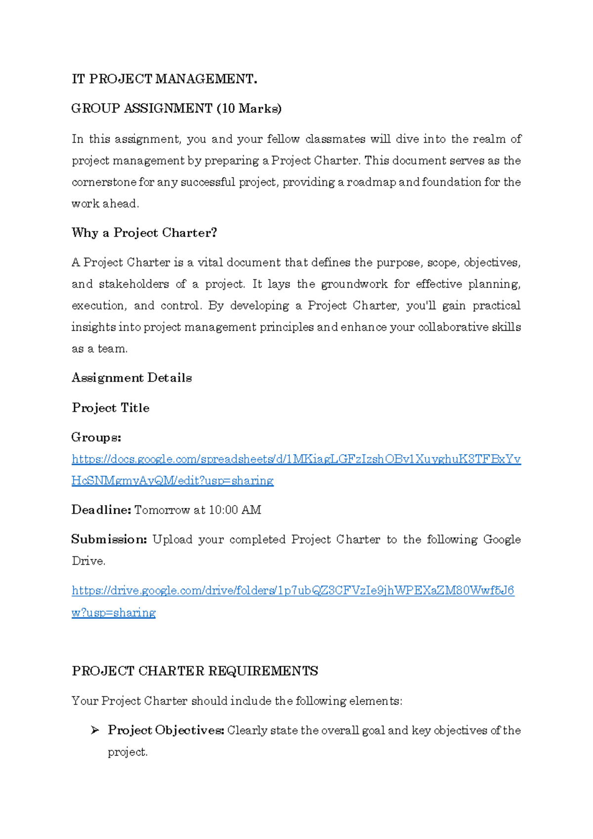 IT Project Management Group Assignment: Project Charter Guide - Studocu