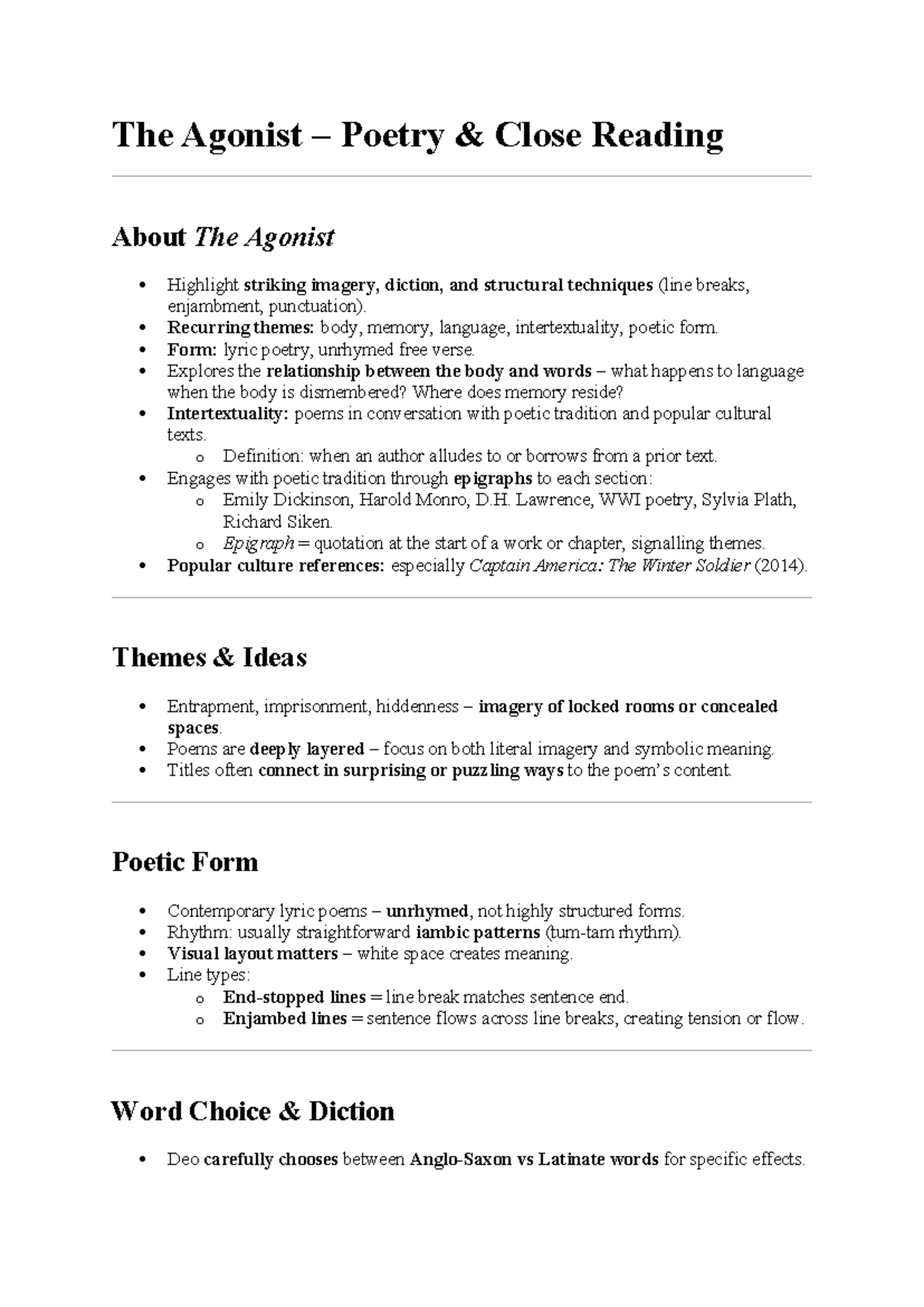 ENG 202: Close Reading of The Agonist Poetry - Exam Notes - Studocu