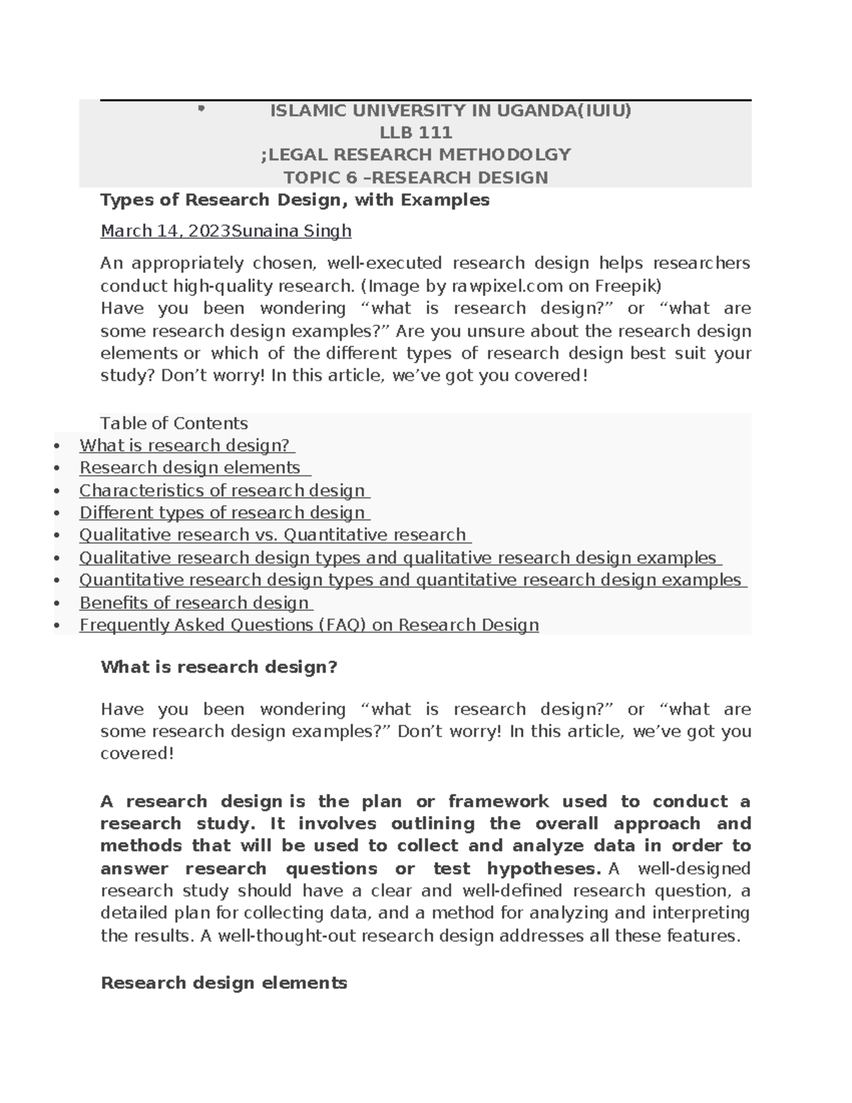 IUIU LLB Research Methodology: Topic 6 - Types of Research Design - Studocu