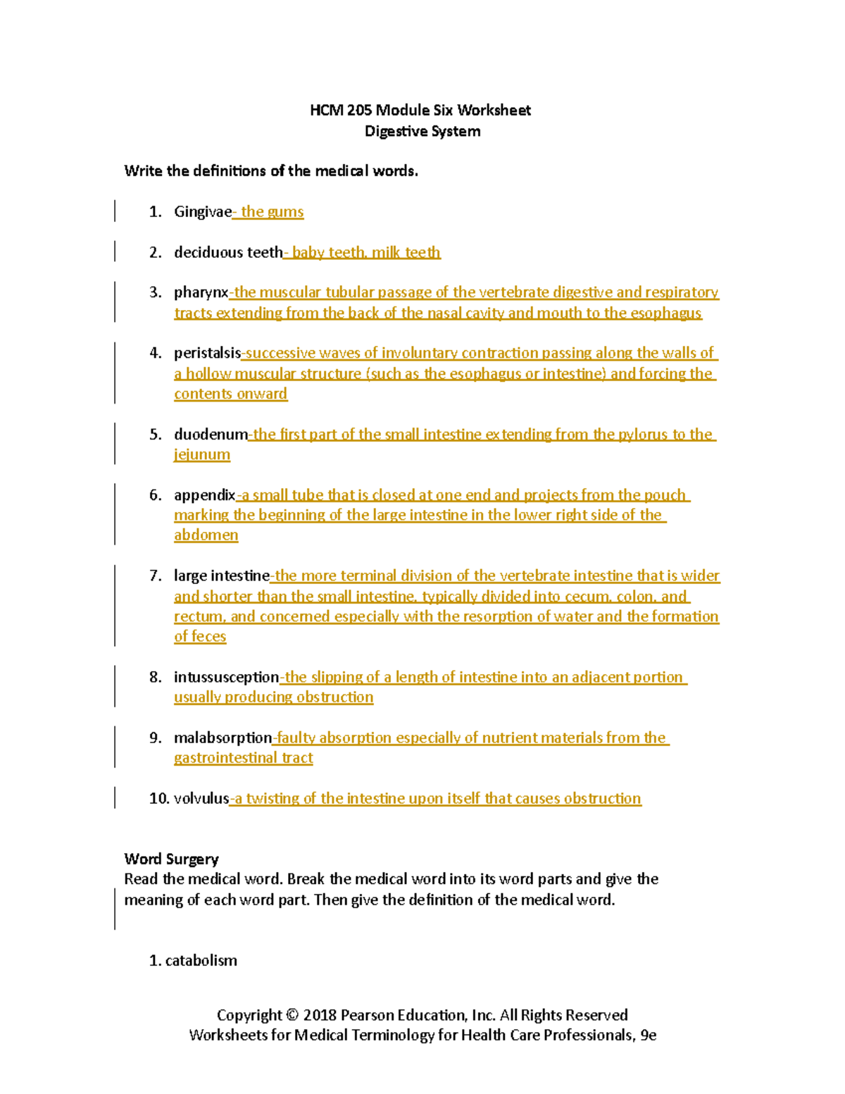 HCM 205 Module Six Worksheet: Definitions & Word Surgery on Digestive ...