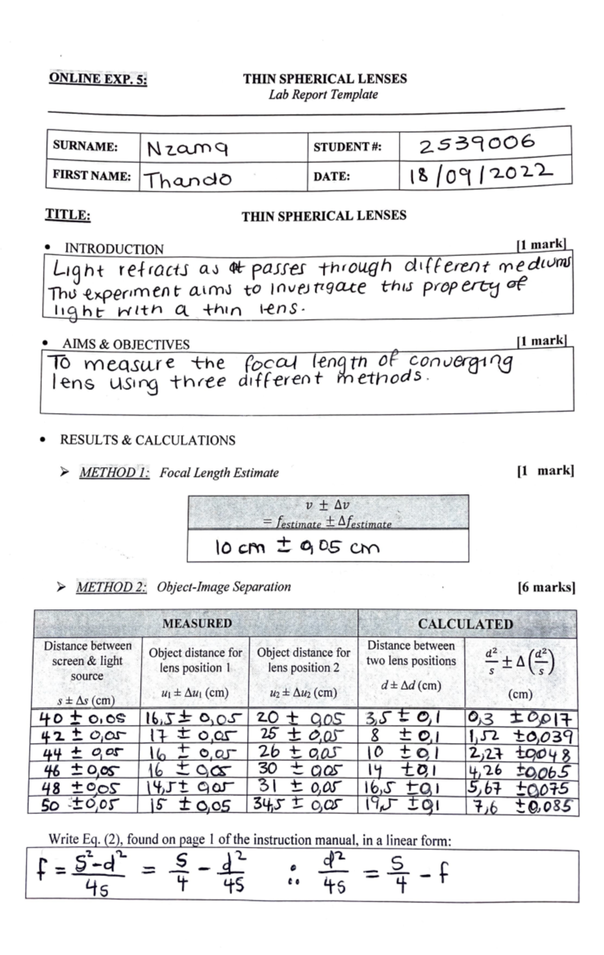 Experiment 5 - Thin Spherical Lenses Lab Report (PHYS 101) - Studocu