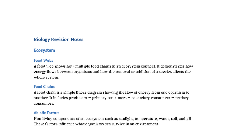 Biology Revision Notes: Ecosystems, Food Webs & Genetics - Studocu