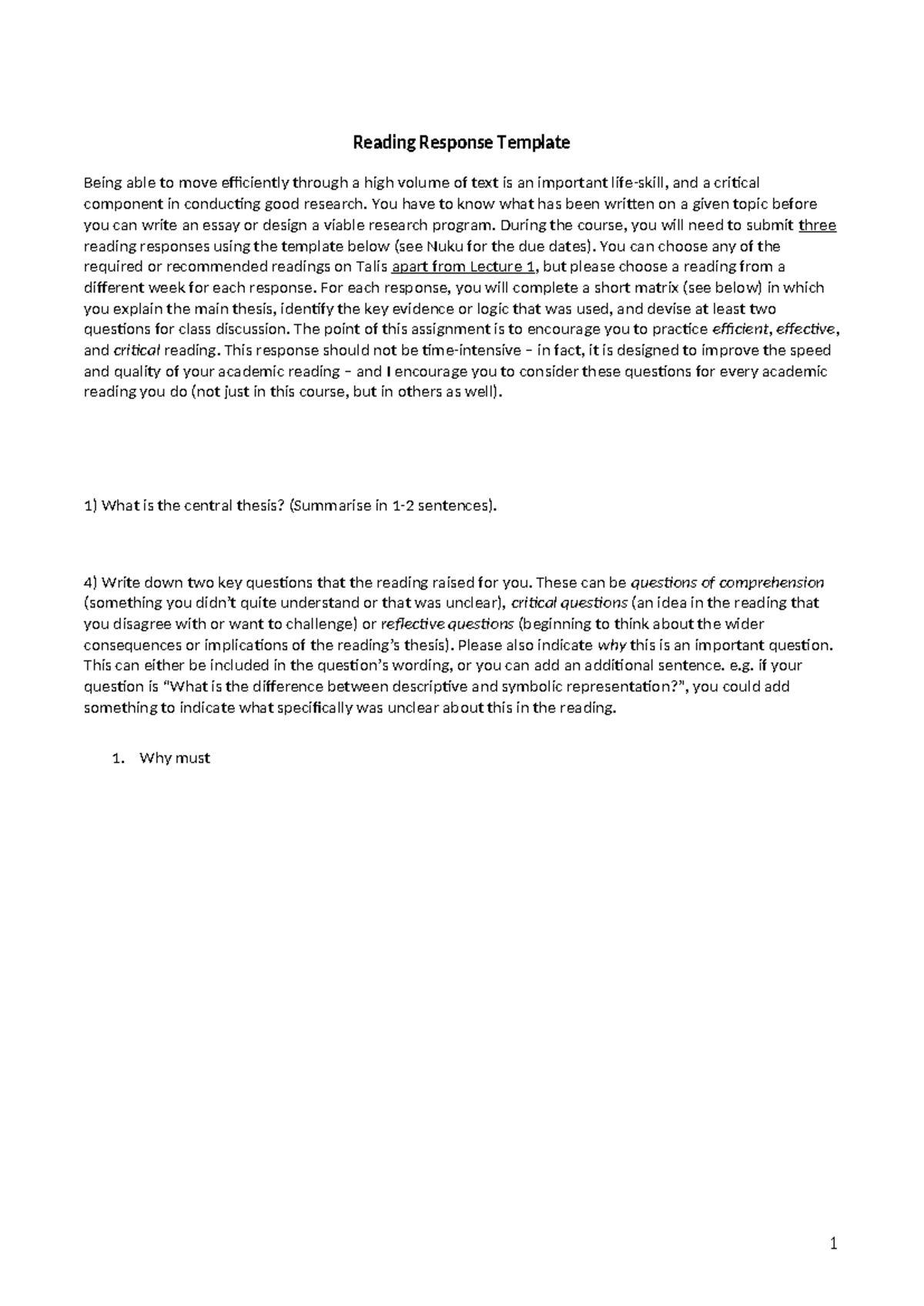 ENG 101: Reading Response Template for Efficient Academic Reading - Studocu