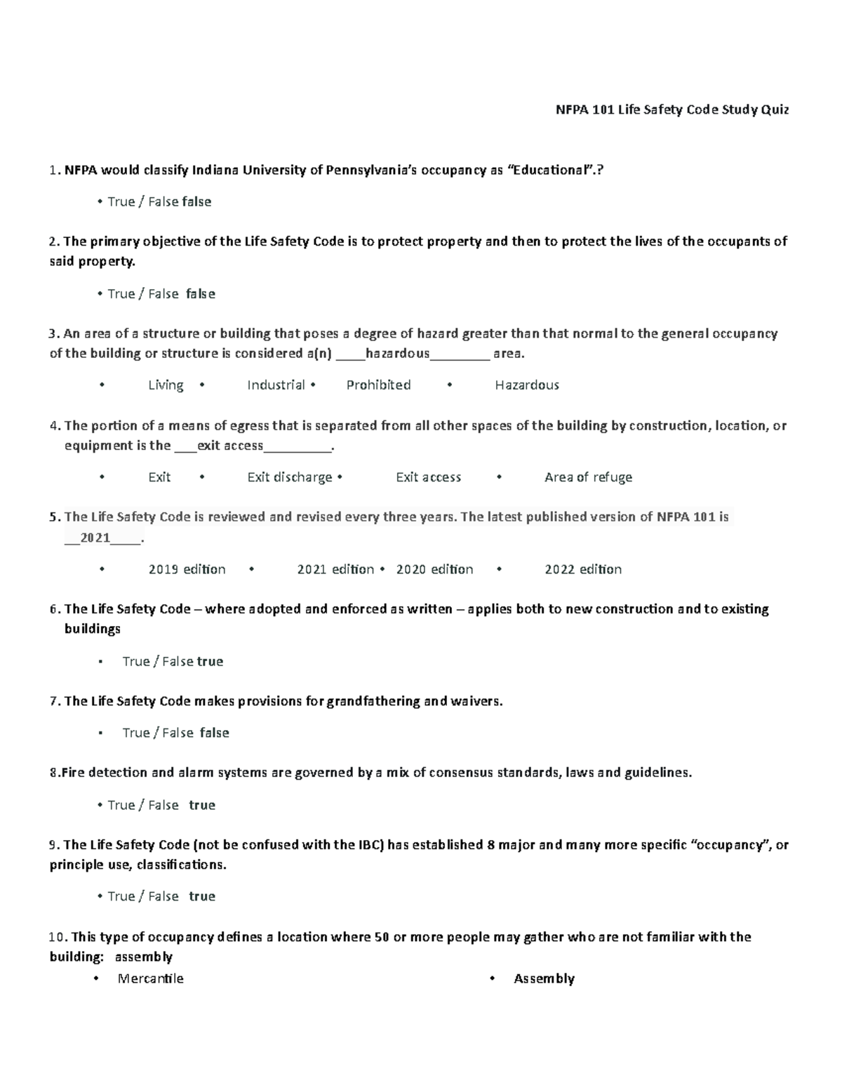 NFPA 101 Life Safety Code Study Quiz - Final Exam FA22 - Studocu