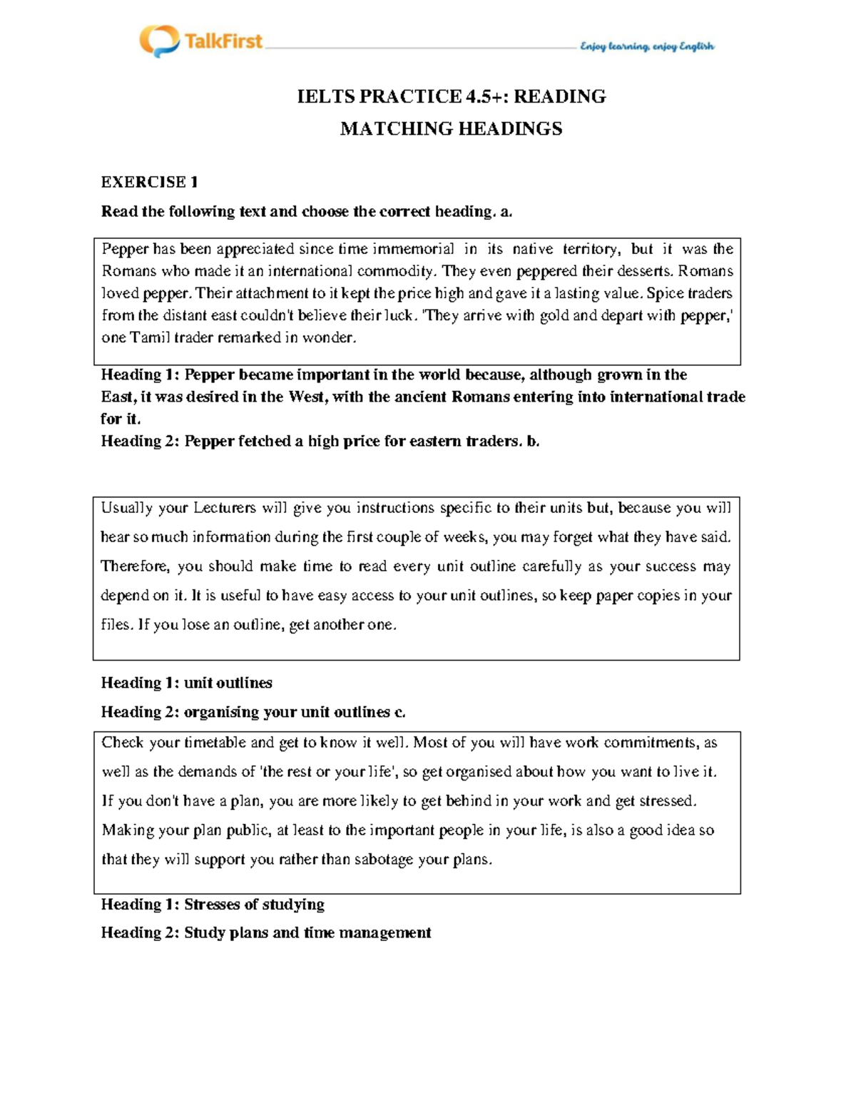 Practice 4.5 - IELTS Reading: Lesson 5 - Matching Headings Exercises ...