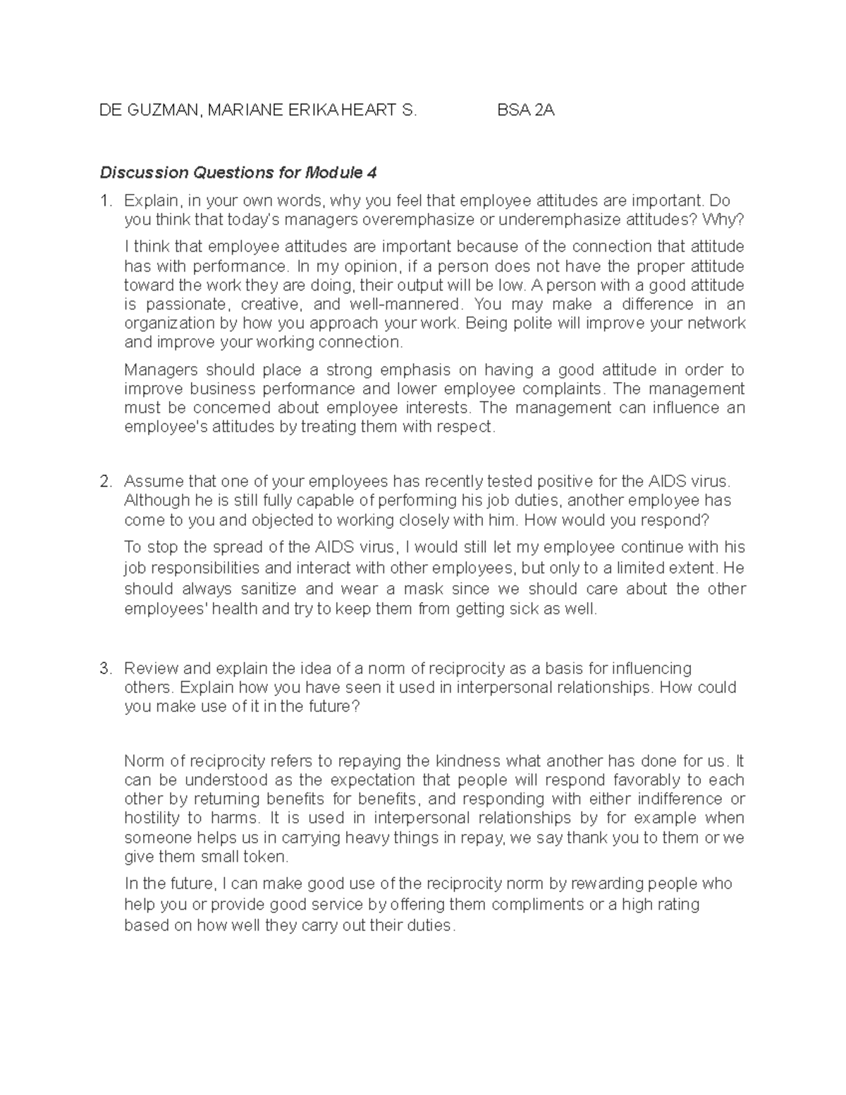 Module 4 - Discussion Questions on Employee Attitudes and Norms - Studocu