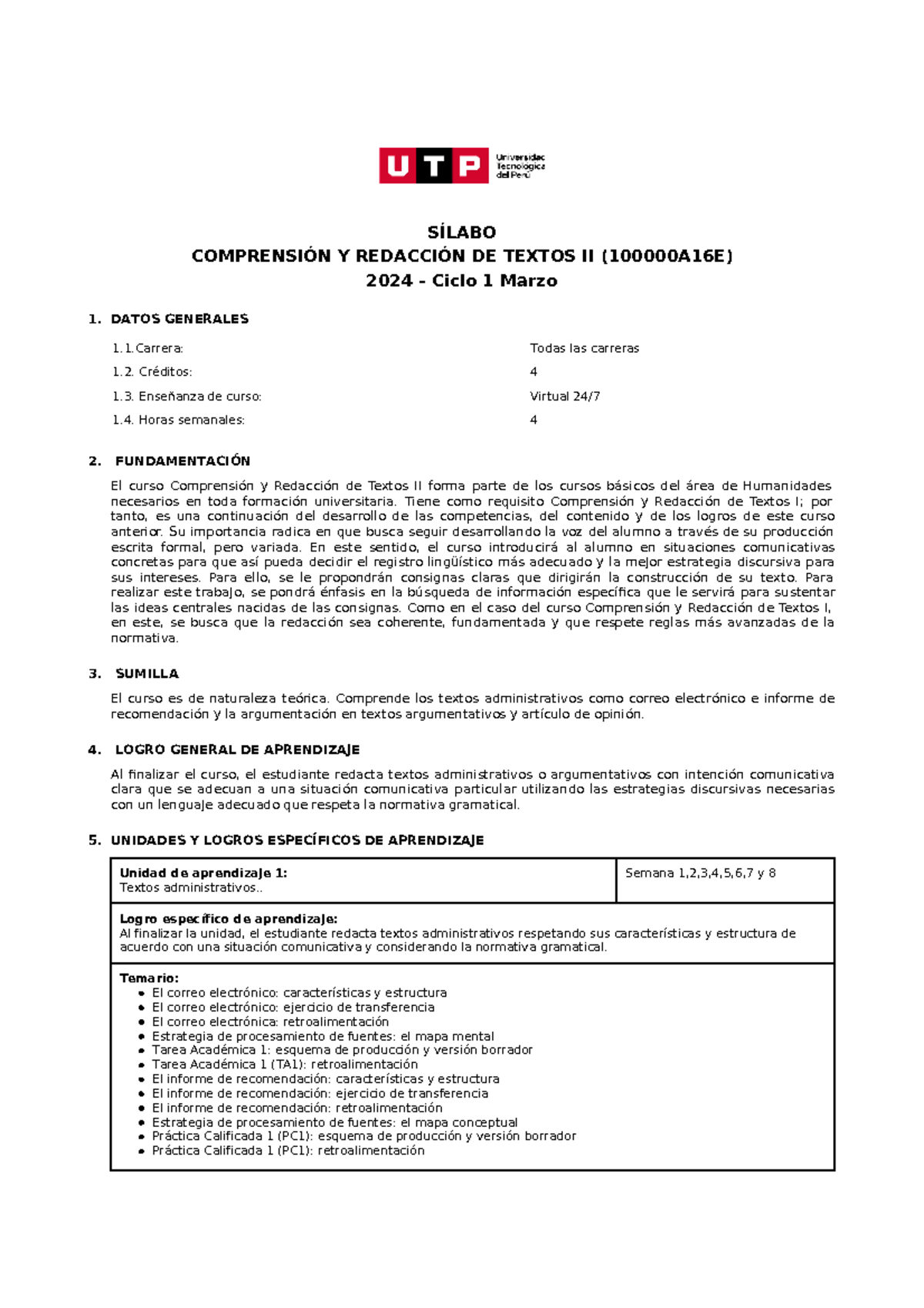 Sílabo A16E: Comprensión y Redacción de Textos II - Ciclo 1 2024 - Studocu
