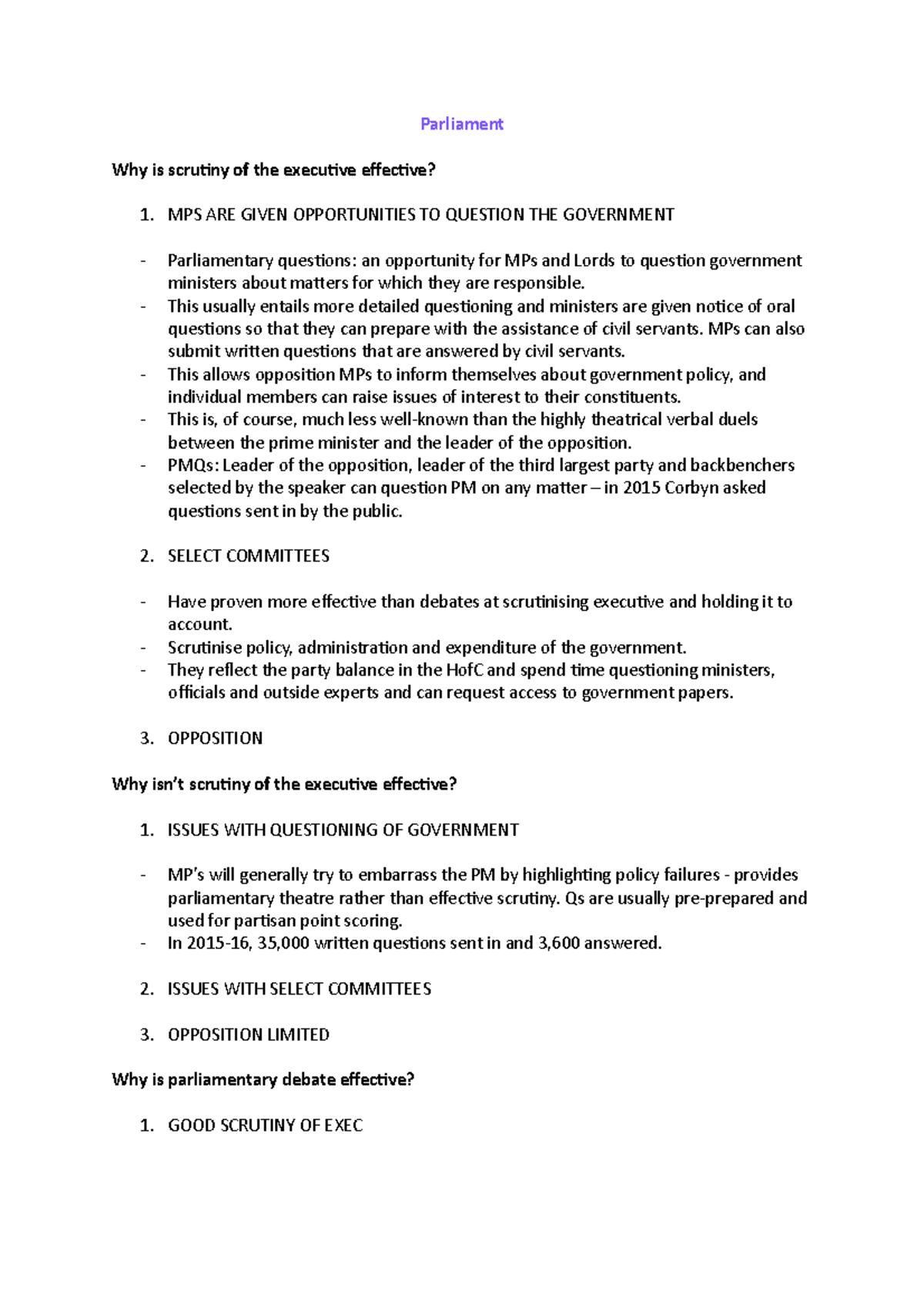 A Level Politics - Parliament Overview with Essay Plans and Analysis ...