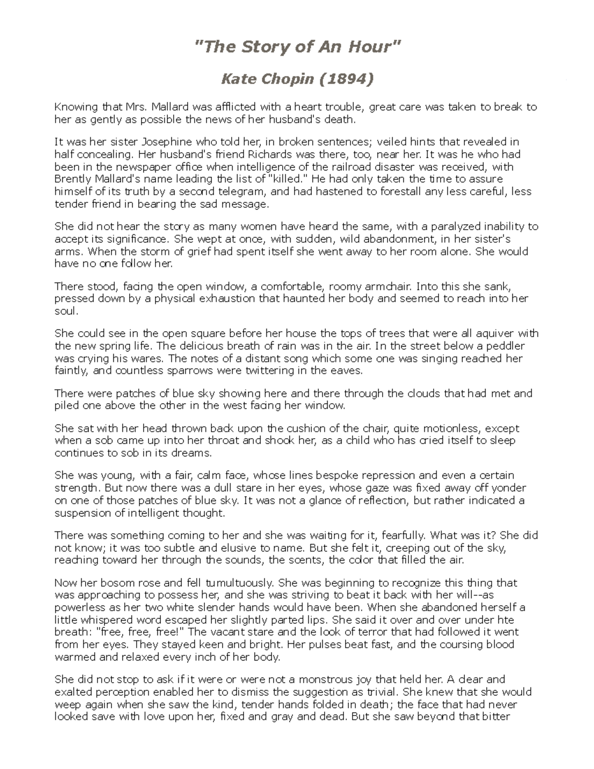 Day 2: Kate Chopin's "The Story of an Hour" Analysis - Studocu