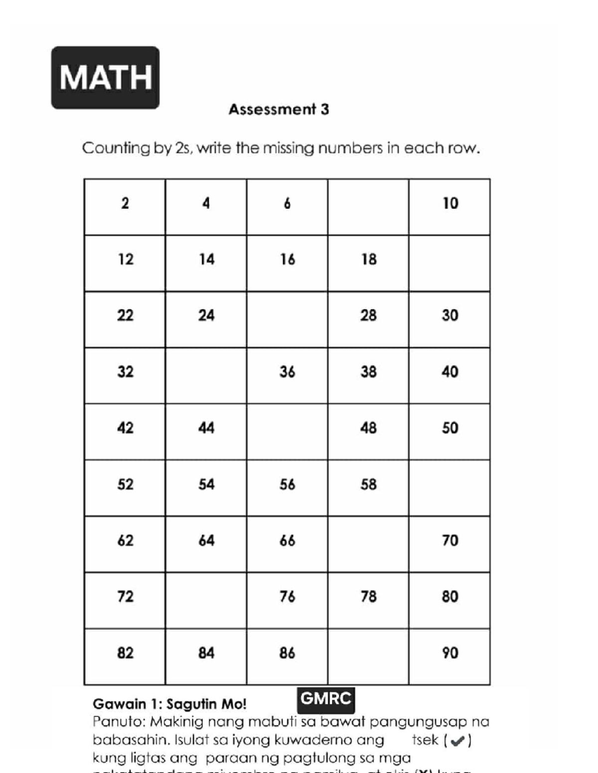 MATH Assessment 3: Counting by 2s and Missing Numbers - Studocu