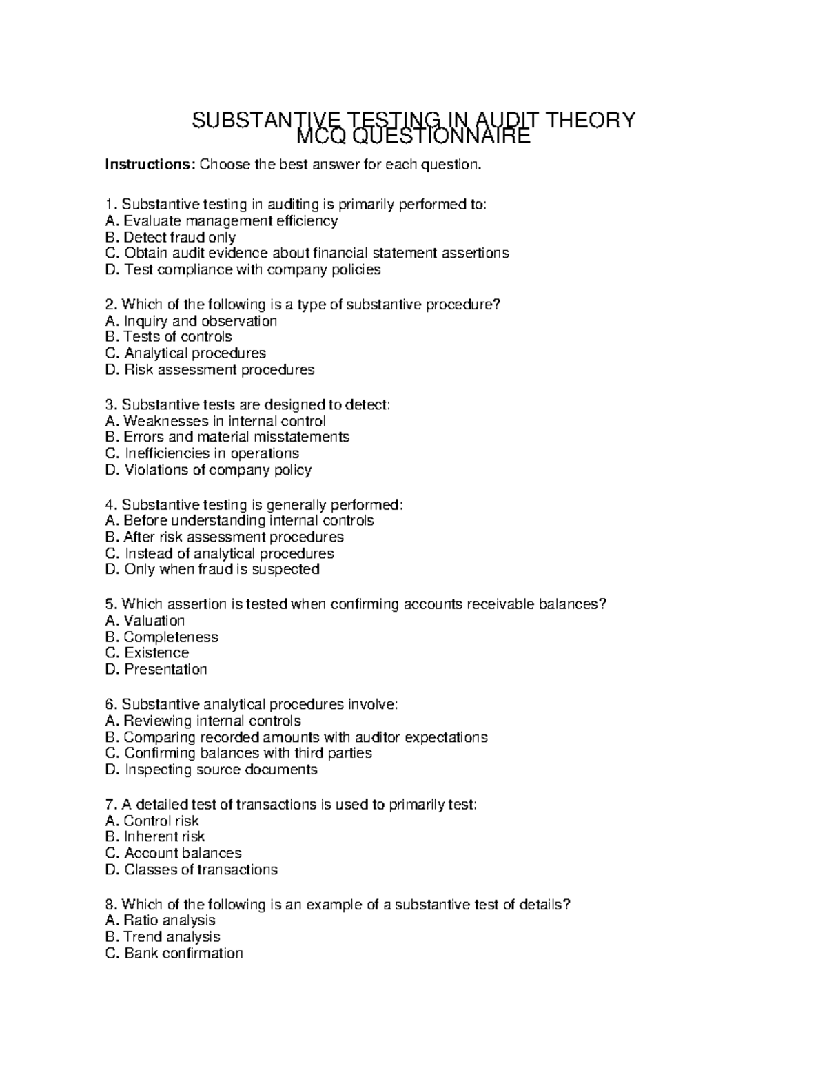 Substantive Testing in Audit: MCQ Questionnaire for Theory Exam - Studocu
