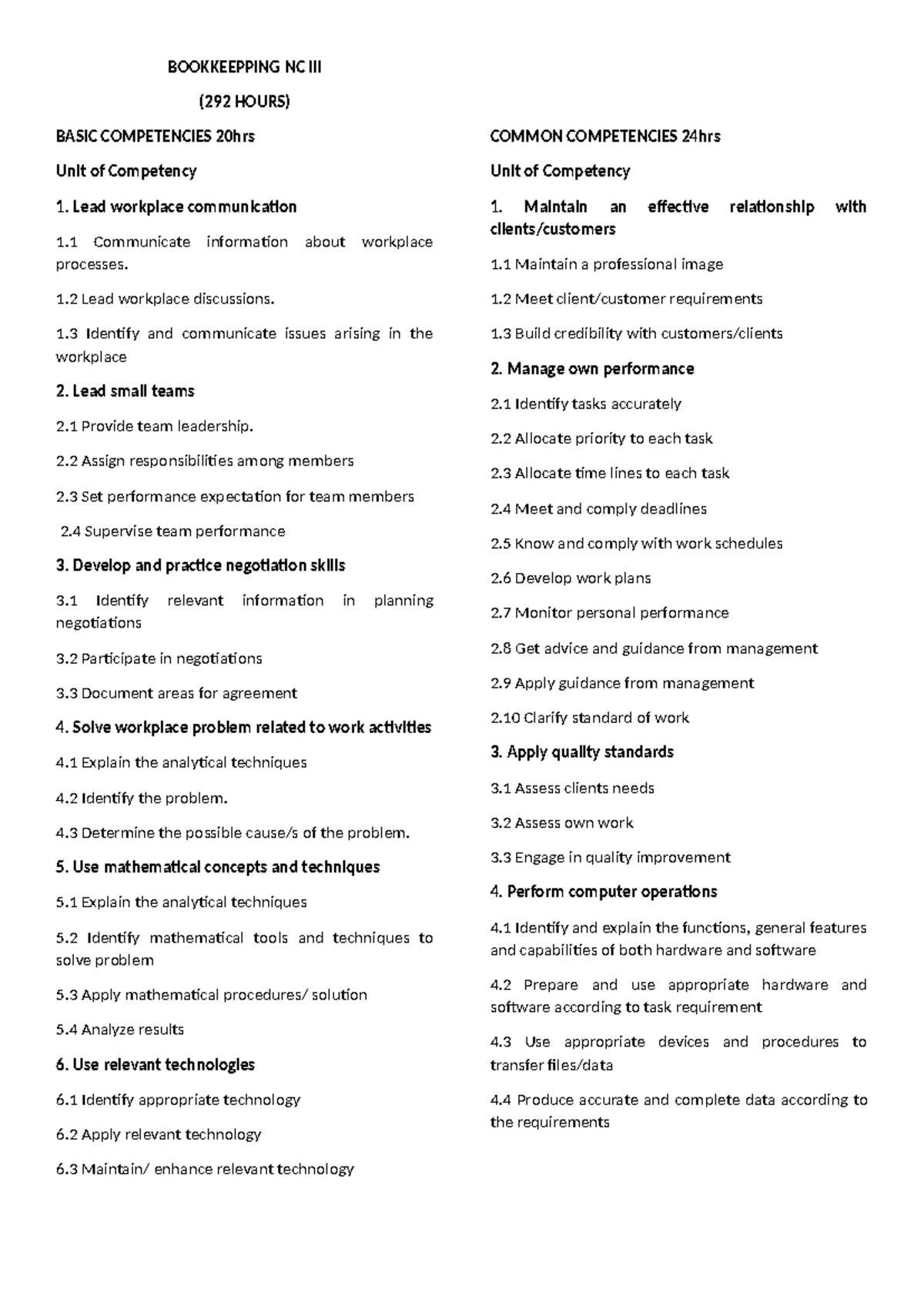 Bookkeeping NC III: Comprehensive Progress Chart (292 Hours) - Studocu
