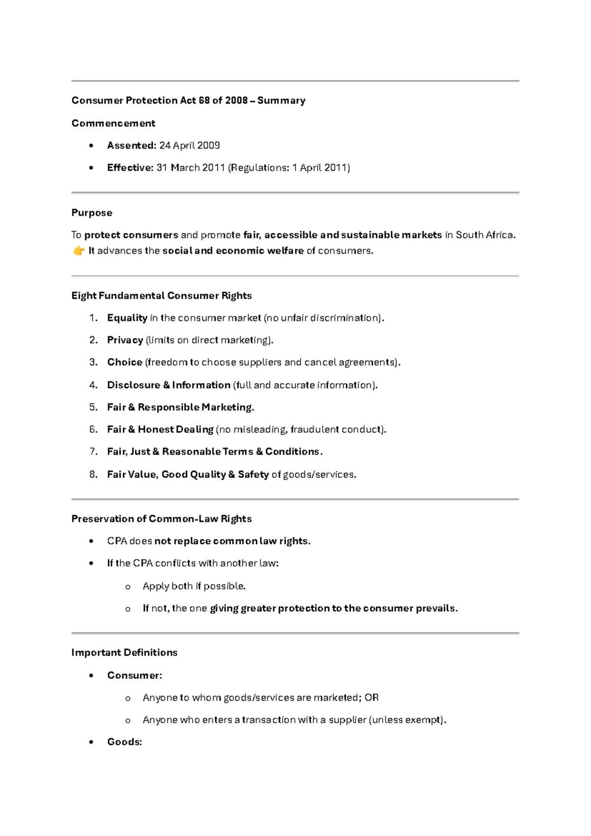 CPA 68 of 2008 Summary: Key Consumer Rights & Protections - Studocu