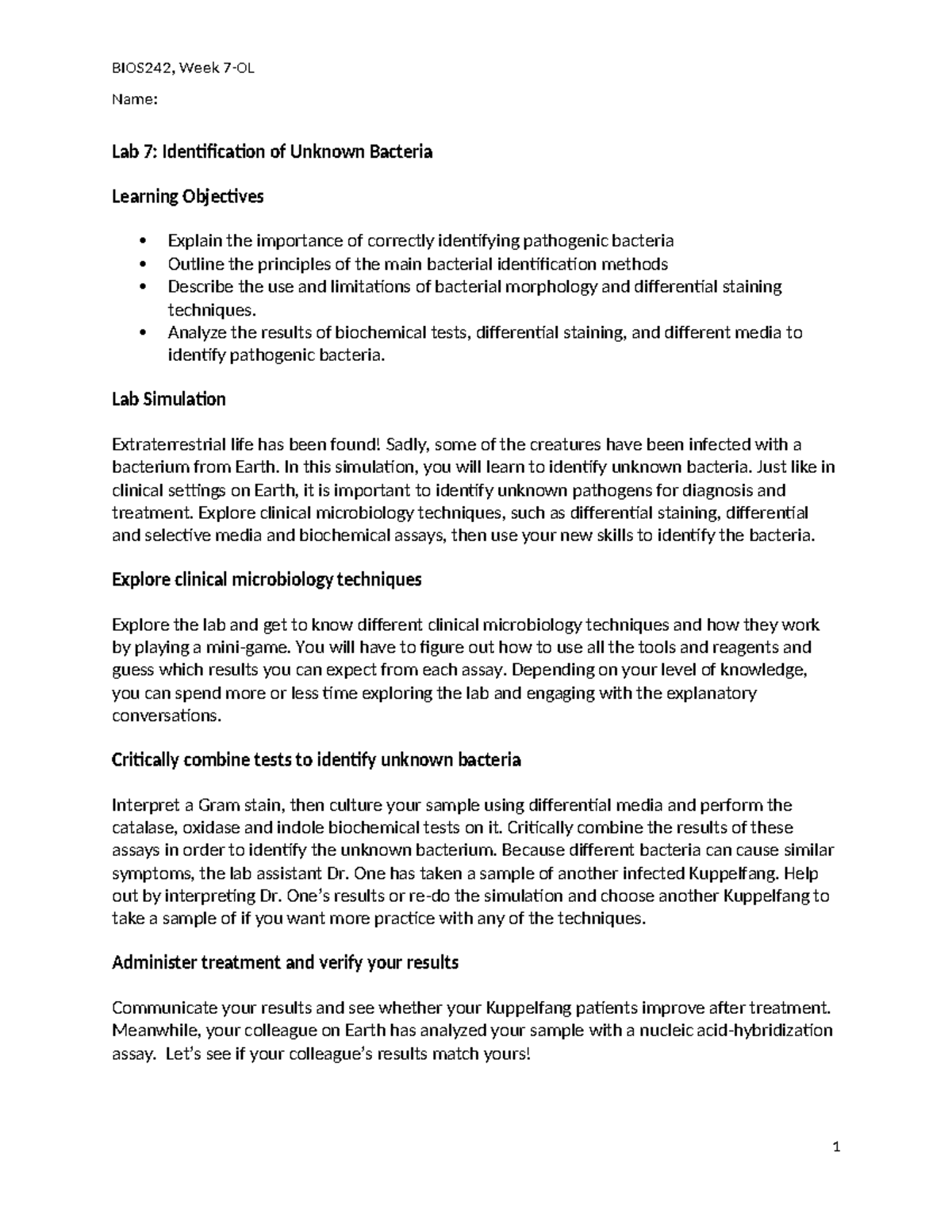 BIOS242 Lab 7: Identifying Unknown Pathogenic Bacteria - Studocu