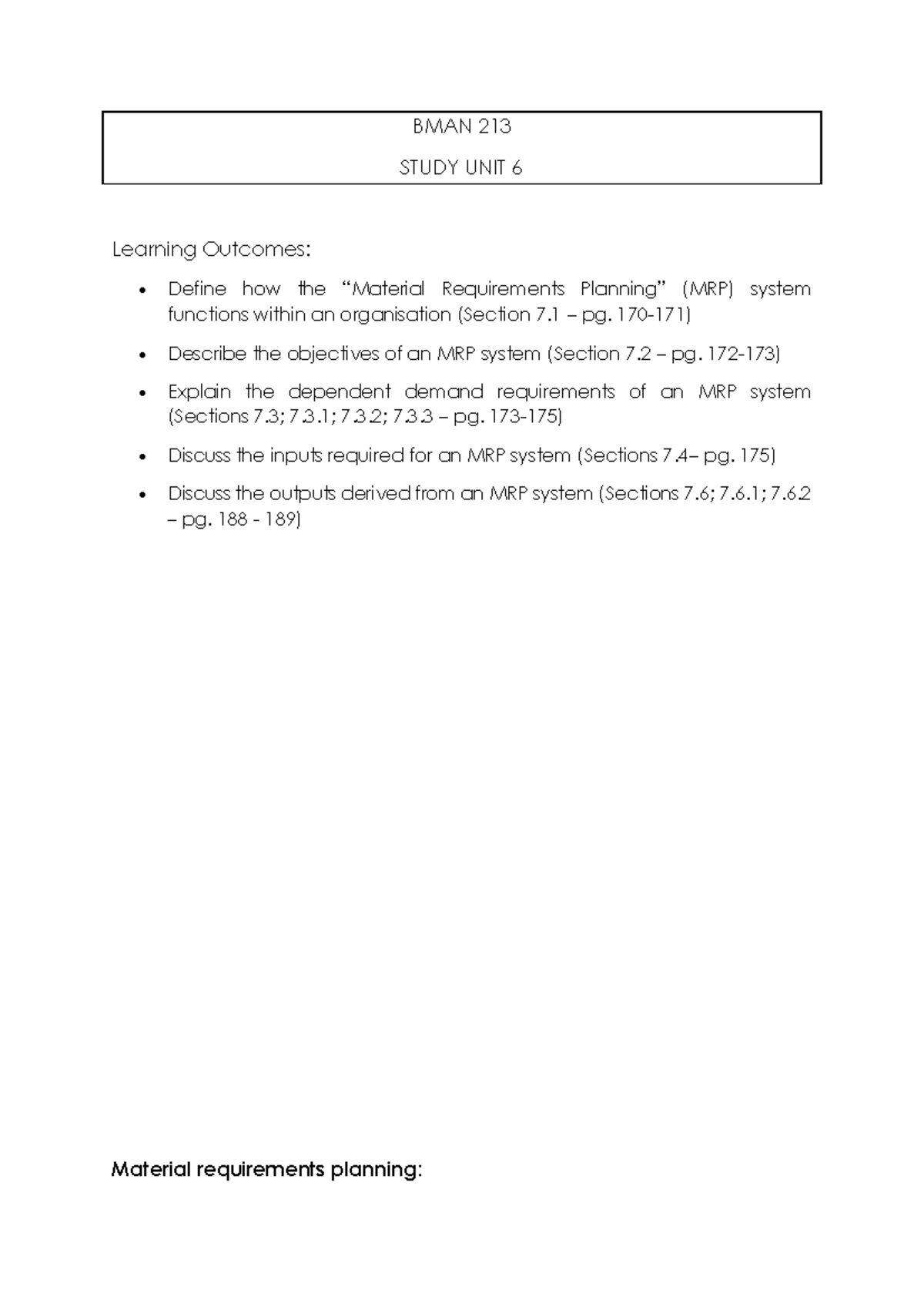 BMAN 213 SU 6 Summary - BMAN 213 STUDY UNIT 6 Learning Outcomes ...