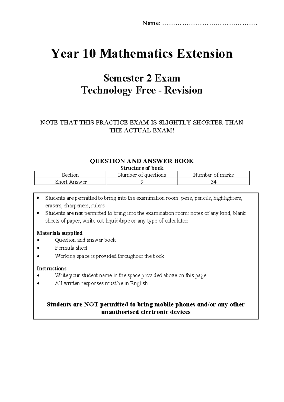 Year 10 Math Ext. Sem 2 Exam Tech-Free Revision Guide - Studocu