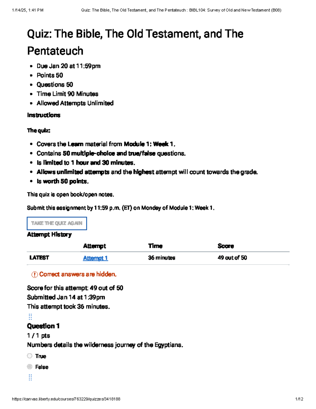 Quiz The Bible, The Old Testament, and The Pentateuch BIBL104 Survey of ...