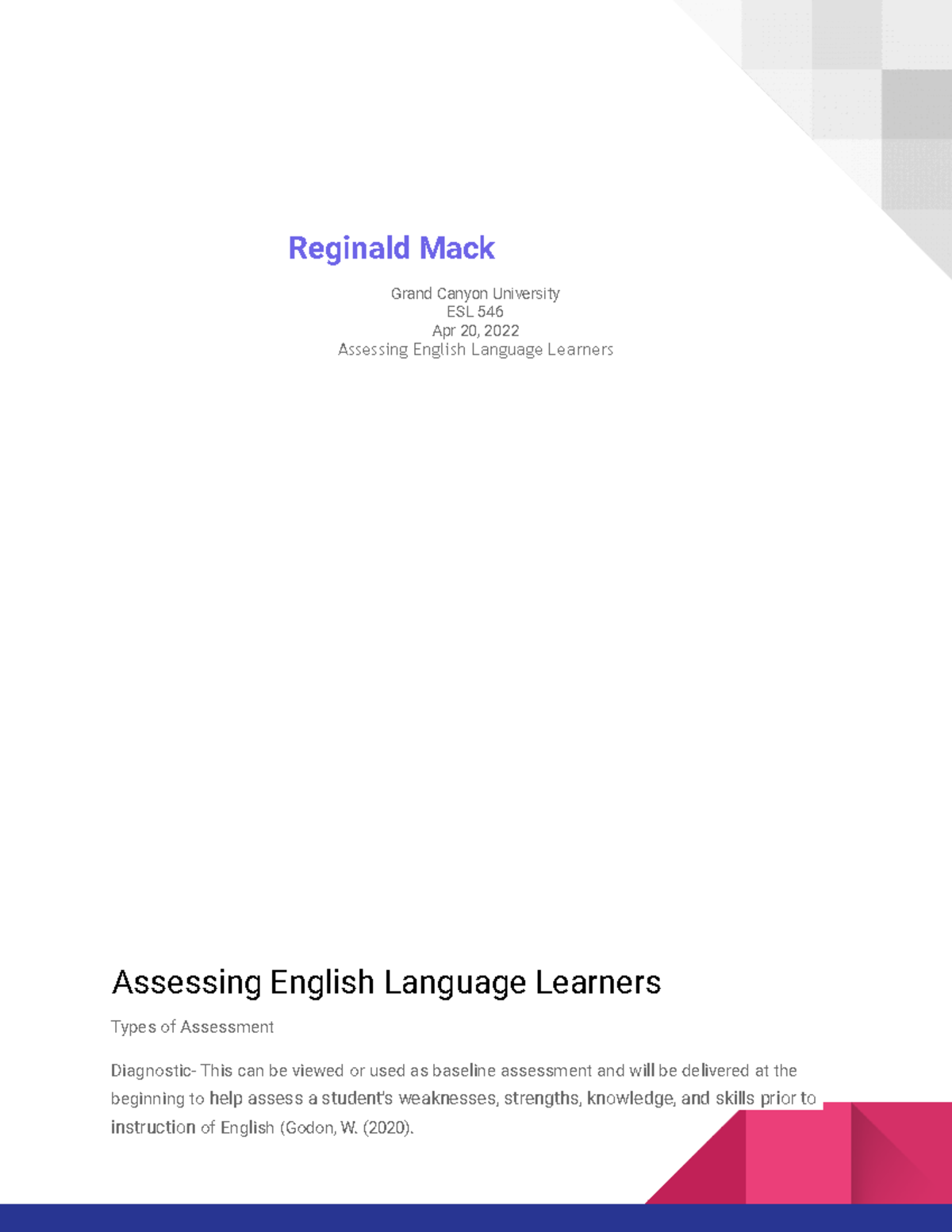Assessment Strategies for ELLs: Insights and Guidelines (ESL 546) - Studocu