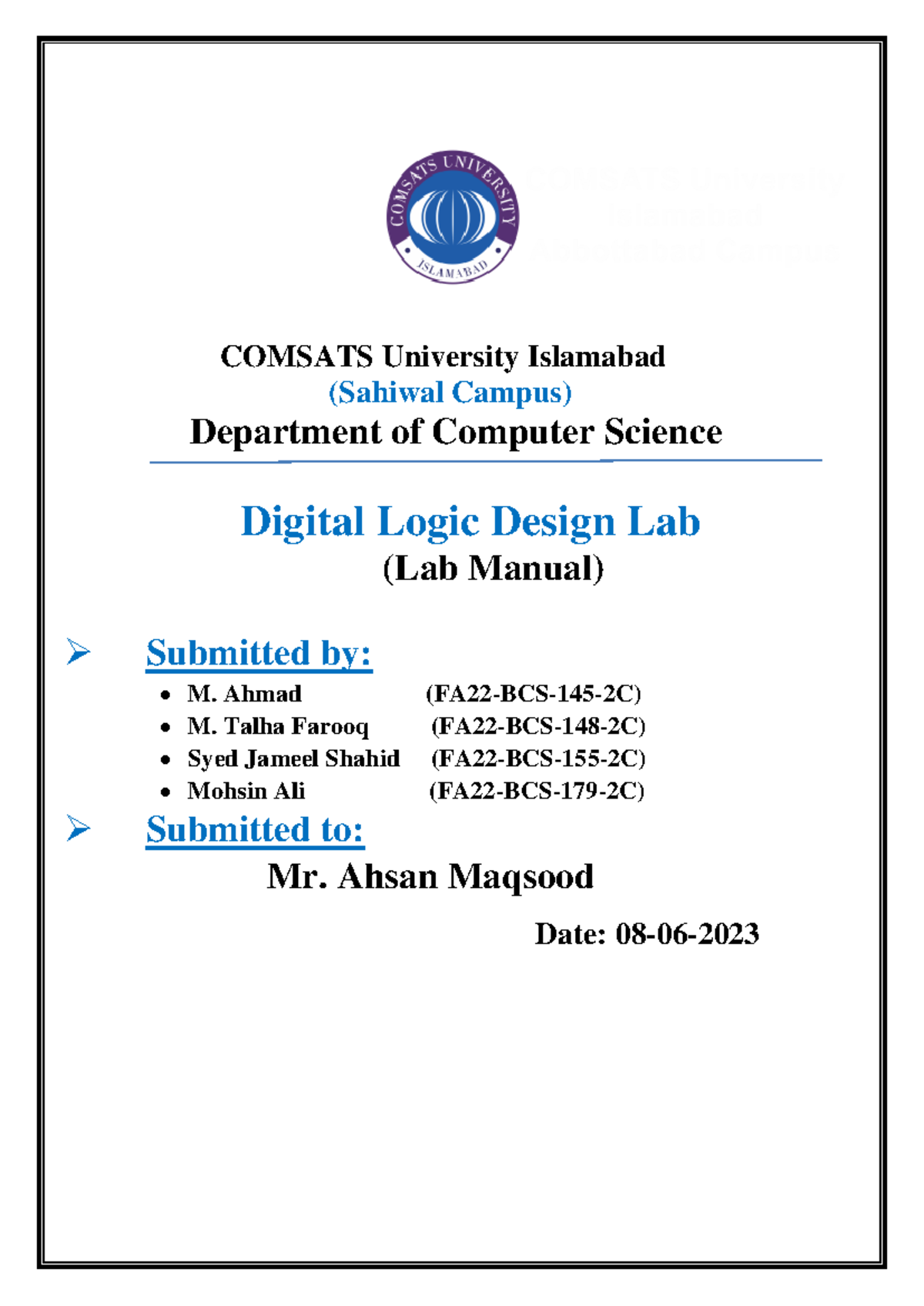 DLD LAB Manual 1 - COMSATS University Islamabad (Sahiwal Campus ...