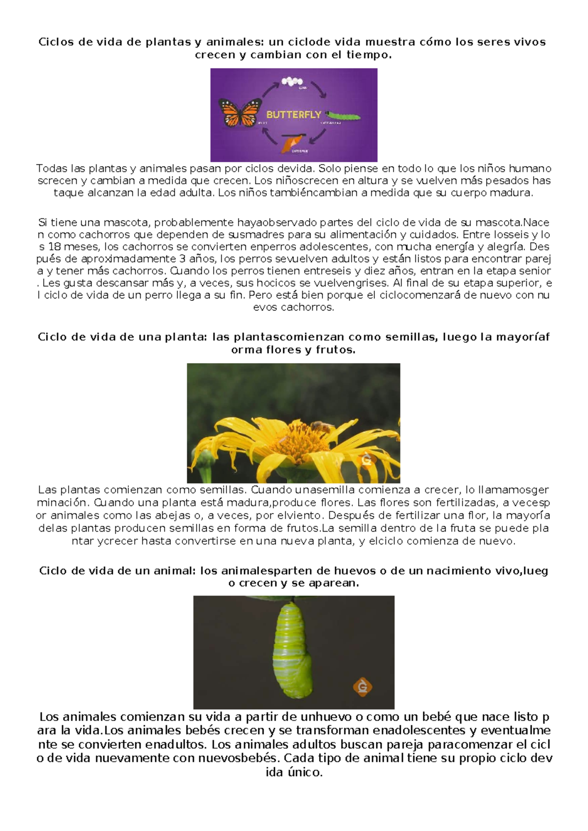Ciclos de Vida de Plantas y Animales: Tareas y Ejemplos - Studocu