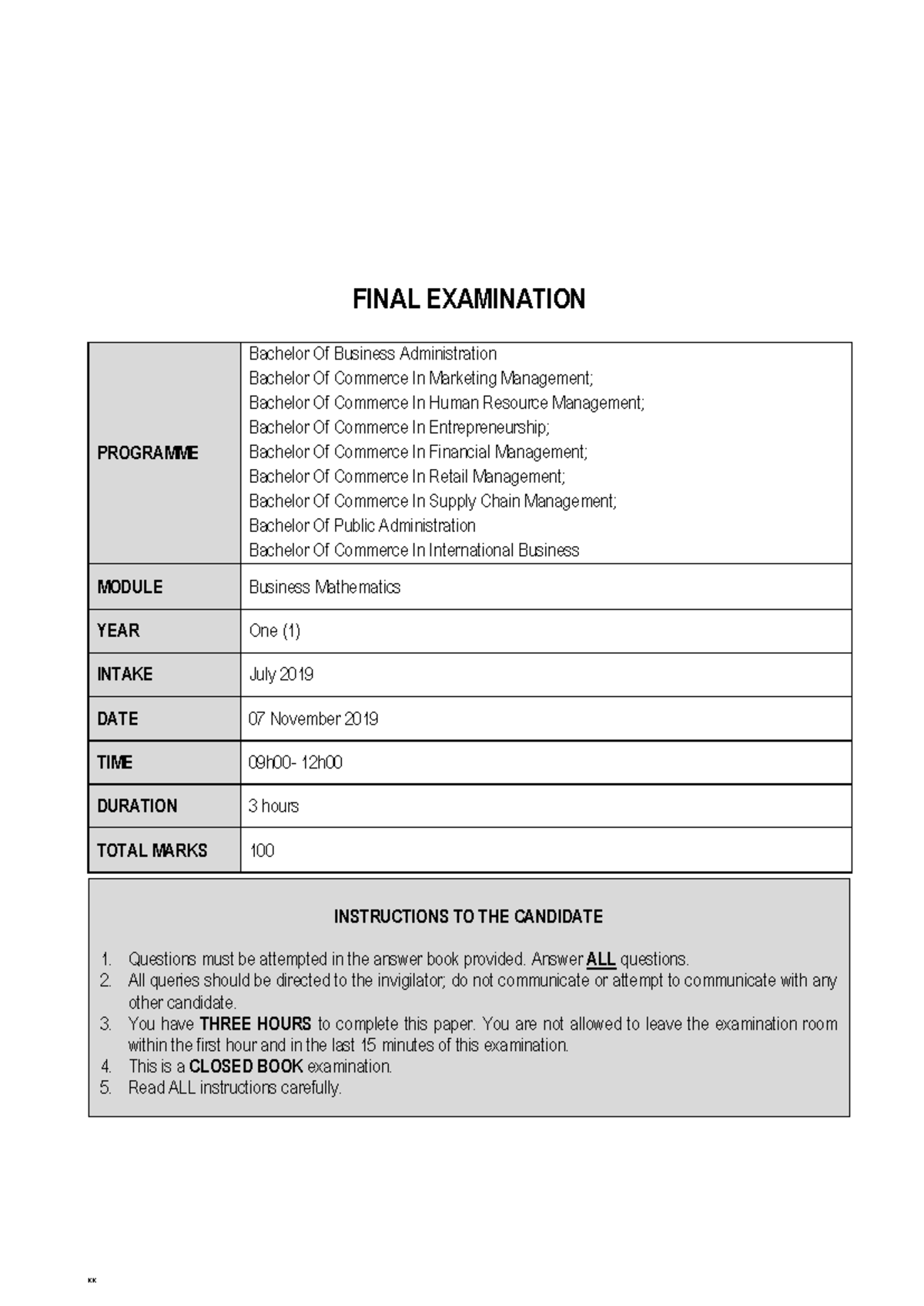 BUS 101 Final Exam: Business Mathematics (July 2019) - Studocu