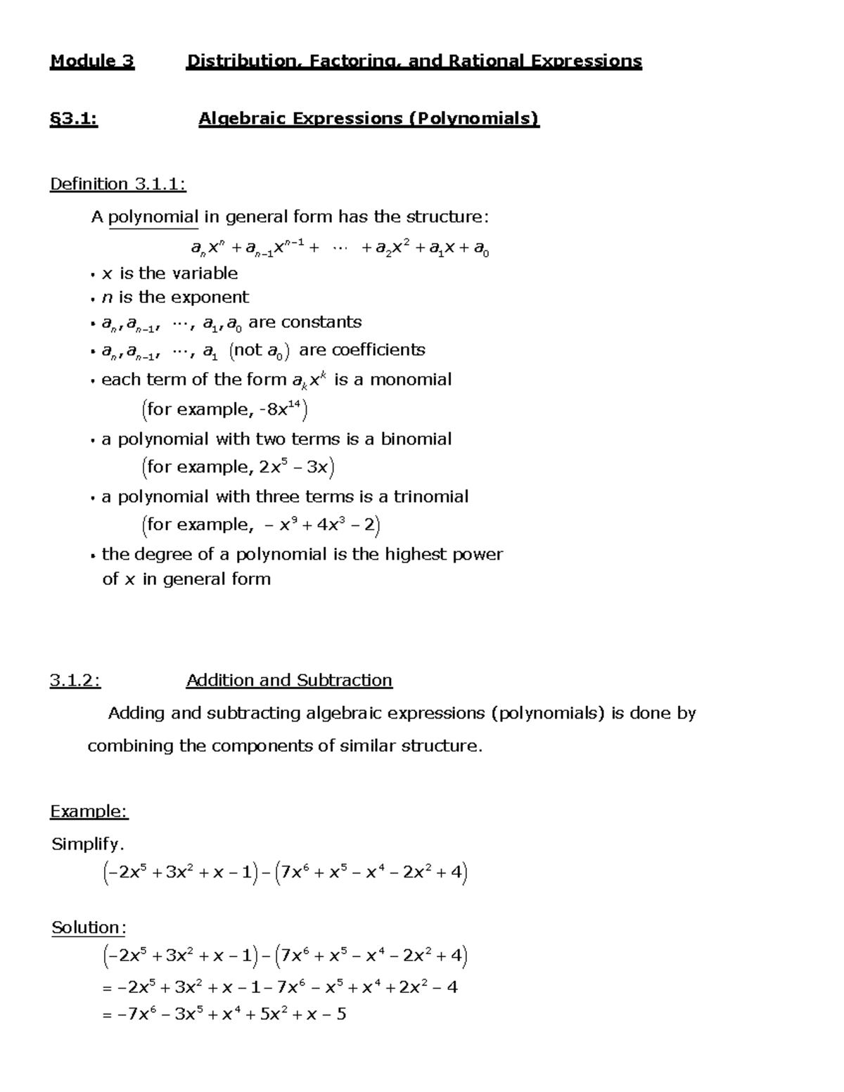 Precalculus Module 3: Distribution, Factoring & Rational Expressions ...