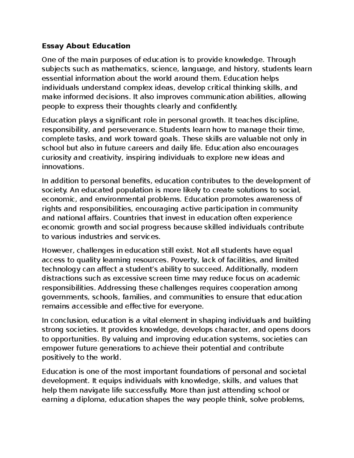 EDU 101: Essay on the Importance of Education in Society - Studocu