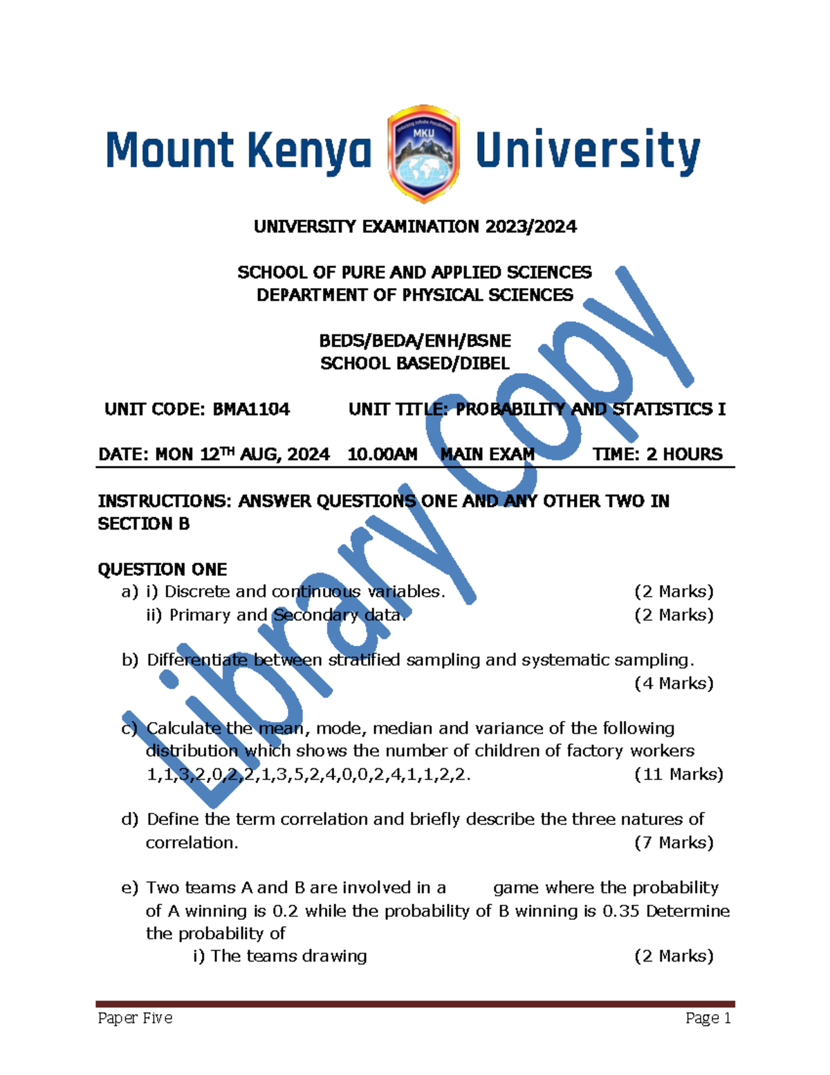 BMA1104 Final Exam: Probability & Statistics I Study Guide - Studocu
