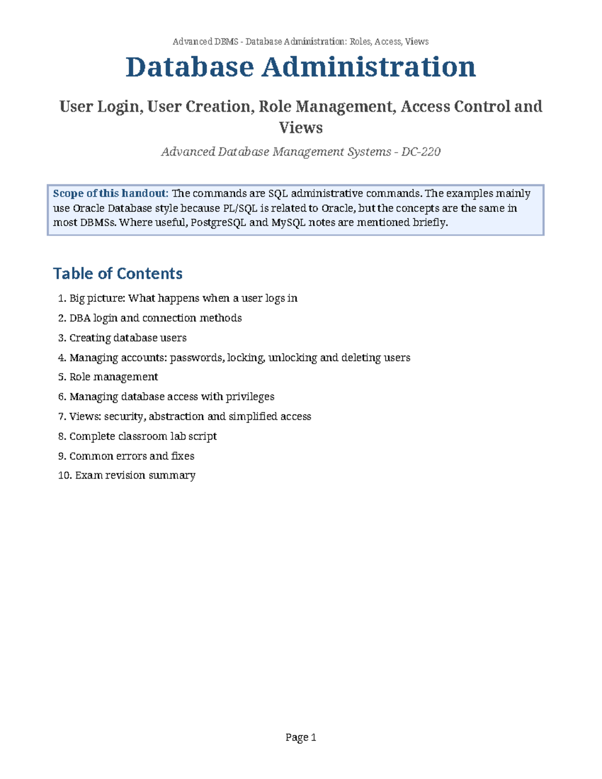 Database Administration (DBMS) Roles, Access & Views Notes - Studocu