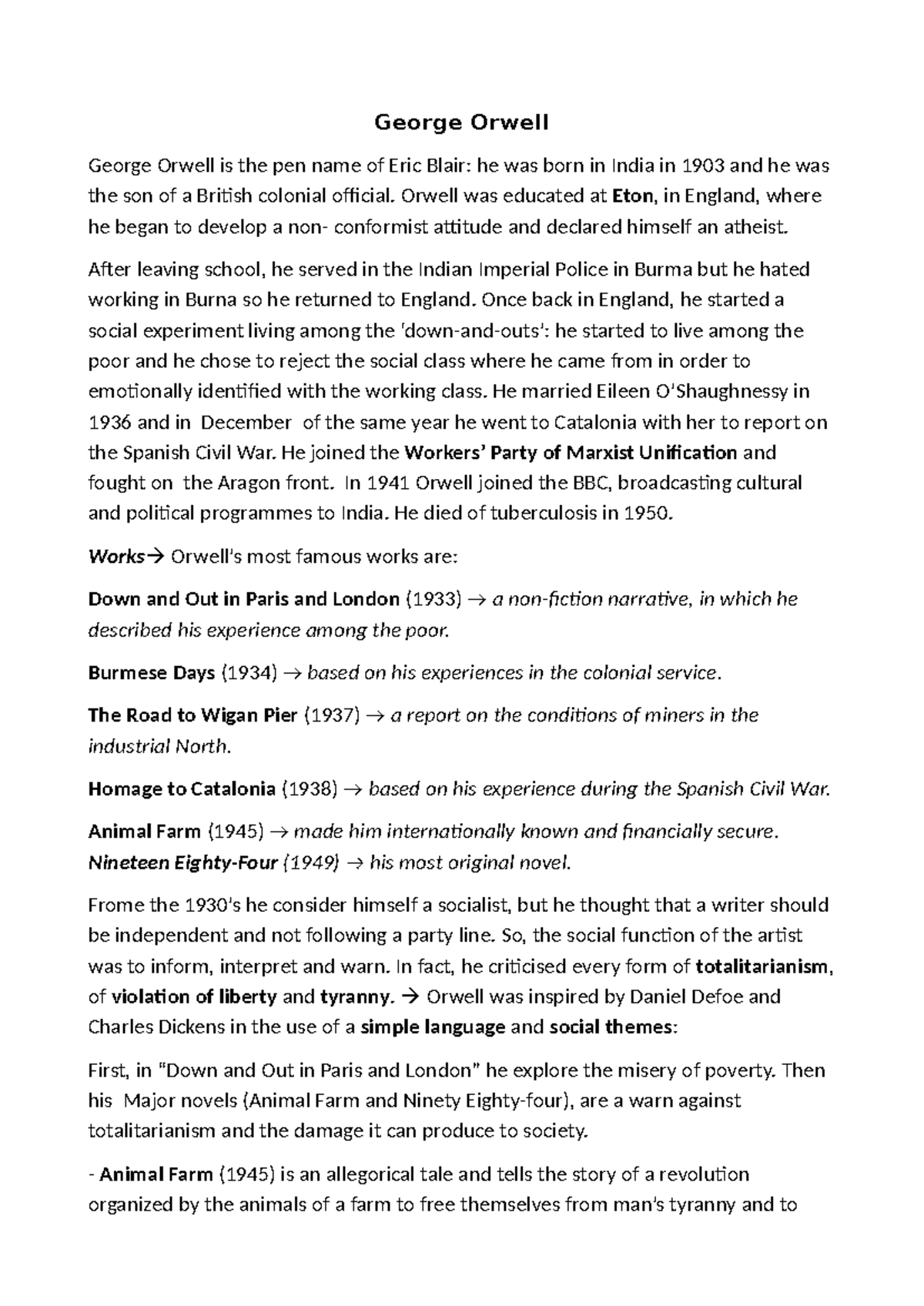 George Orwell: An Analysis of His Life and Dystopian Works - Studocu