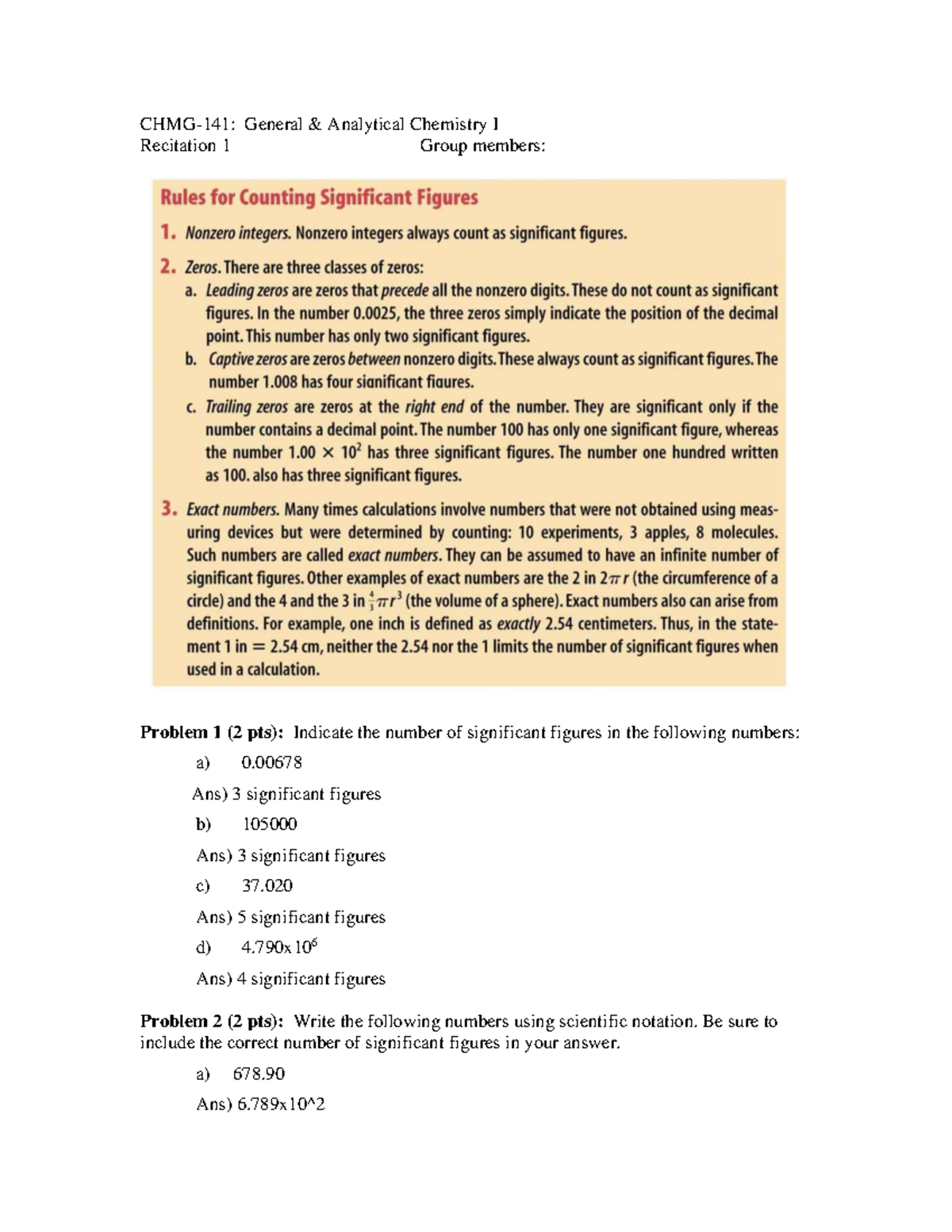 141 Recitation 1 - Dimensional Analysis 2019 (Sprint 1a) - CHMG-141 ...