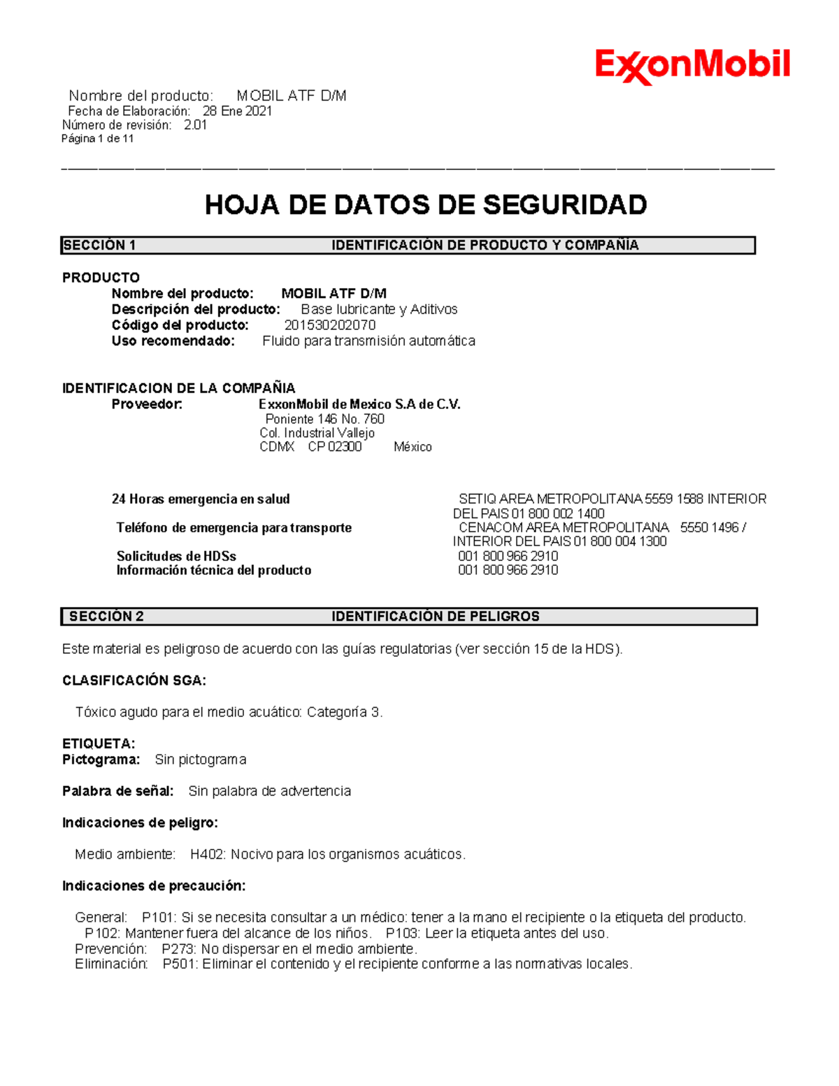 HOJA DE DATOS DE SEGURIDAD: MOBIL ATF - MSDS 2021 - Studocu