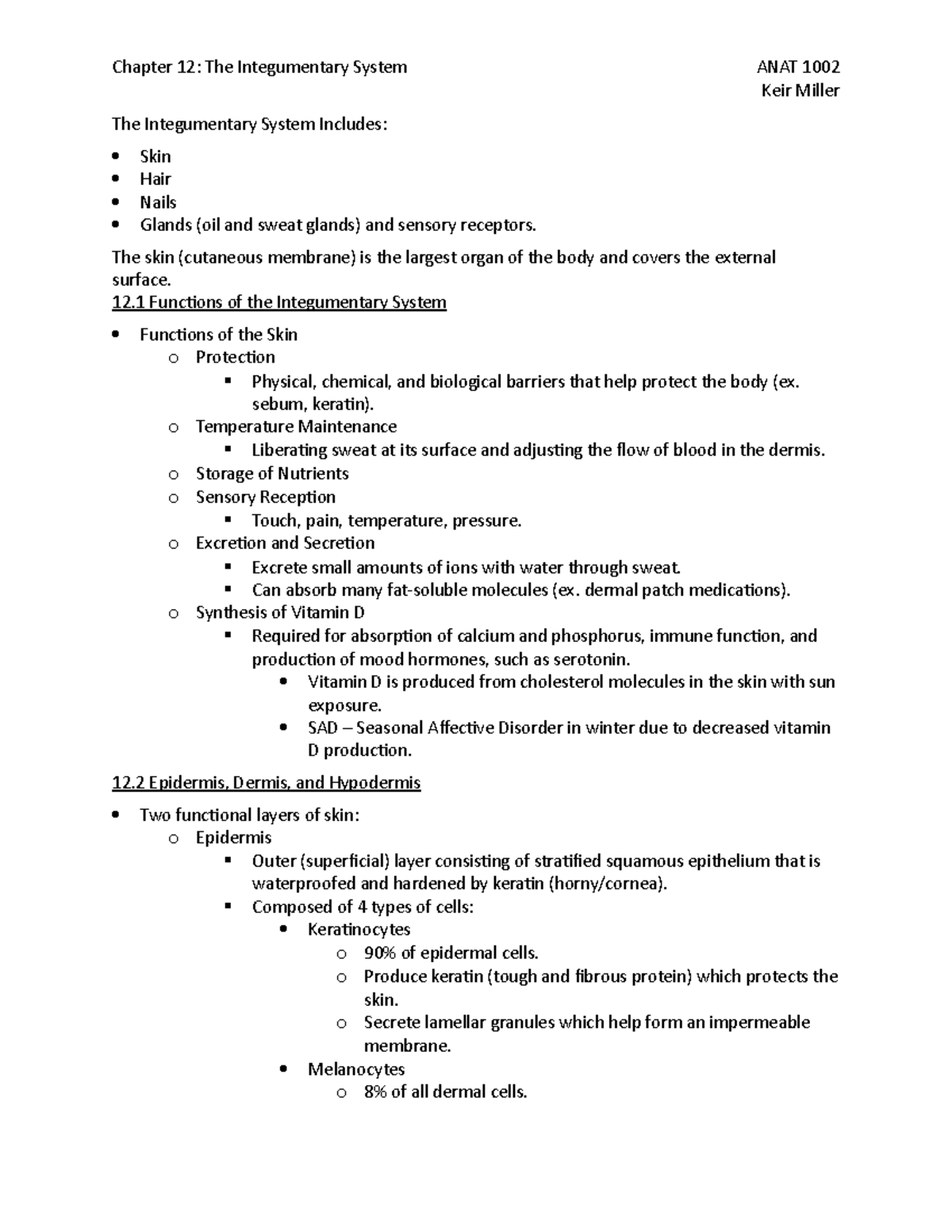 Chapter 12: The Integumentary System Overview Notes - Studocu