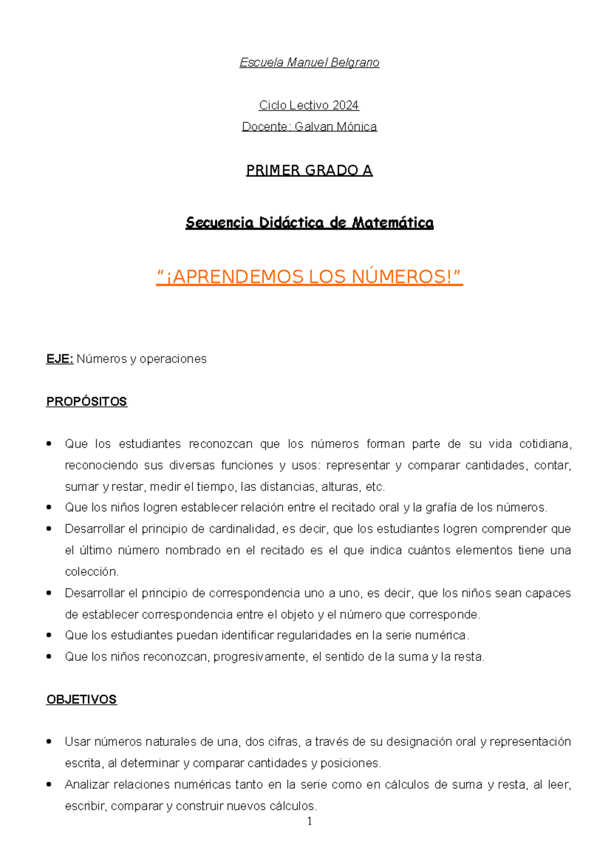 Secuencia Didáctica de Matemática: Aprendemos Números - 1er Grado A ...