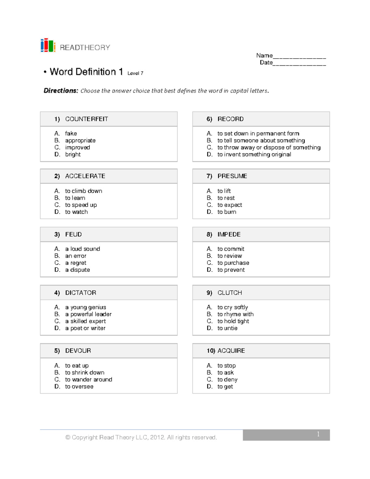 Level 7 Word Definition 1 - © Copyright Read Theory LLC, 2012. All ...
