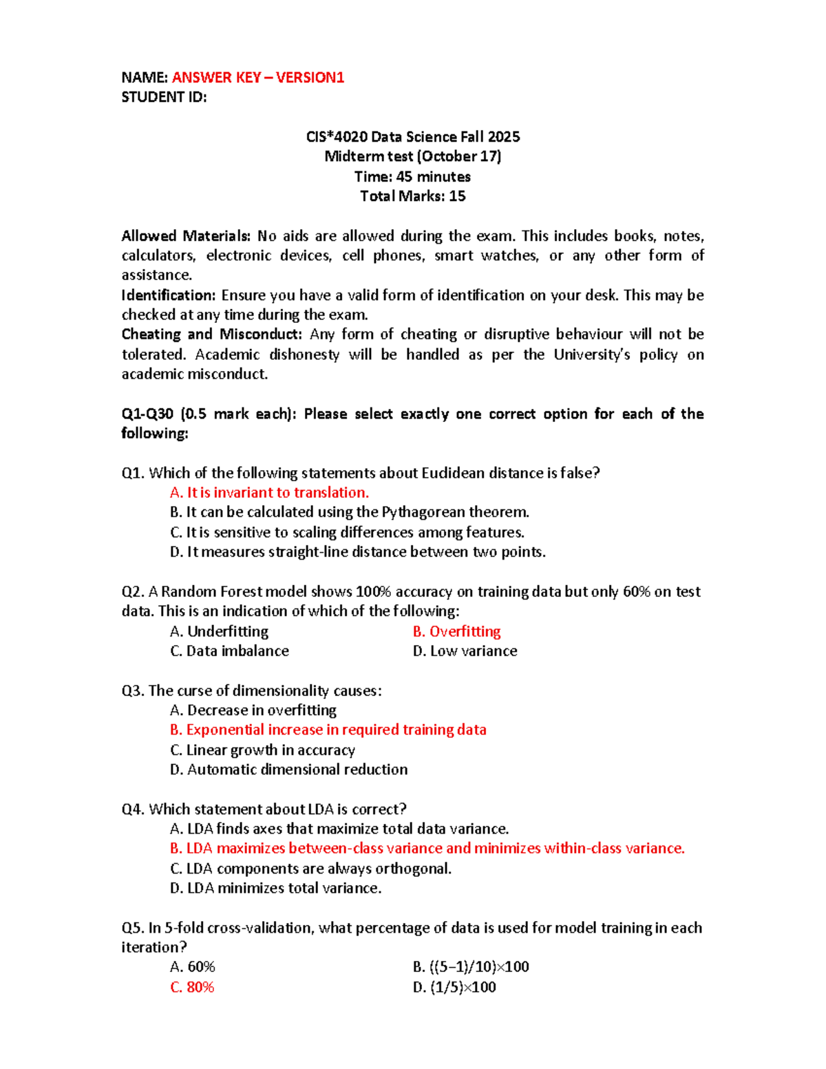 Data Science Fall 2025 Midterm Exam Version 1 Answer Key - Studocu