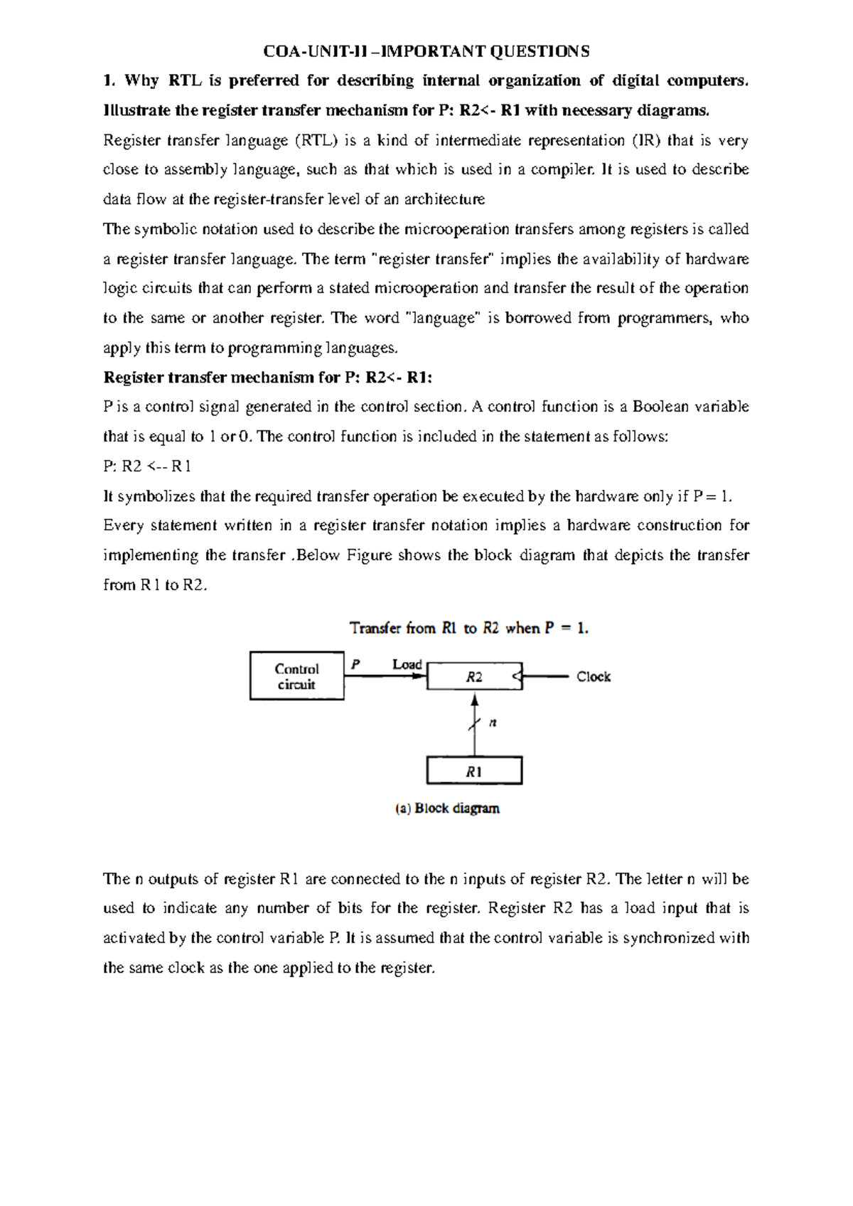 COA UNIT-II IMP Questions: RTL, Microoperations, and ALU Functions ...