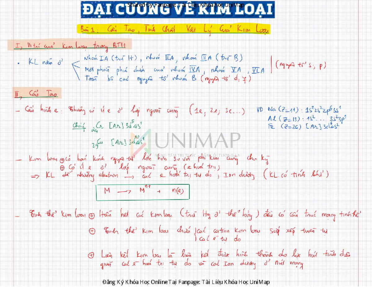 Tài Liệu Khóa Học UniMap: Lý Thuyết Đại Cương Kim Loại Phần 1 - Studocu