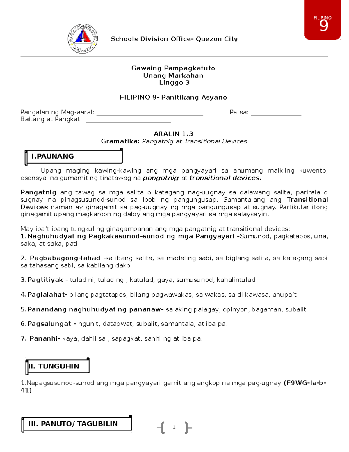 Filipino 9-LAS Q1 W3 Aralin 1.3: Pangatnig at Transitional Devices ...