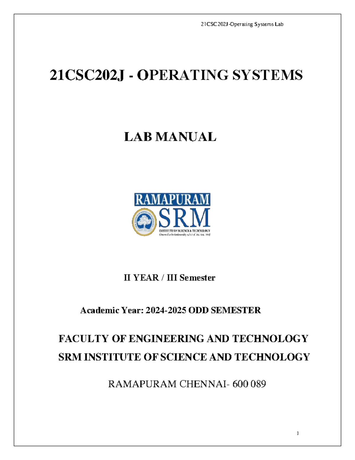 21CSC202J Operating Systems Lab Manual - Experiments and Guidelines ...